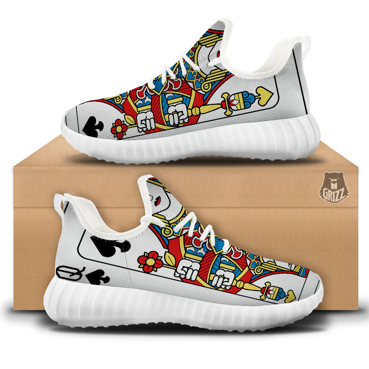 Playing Card Queen Of Spades Print White Walking Shoes