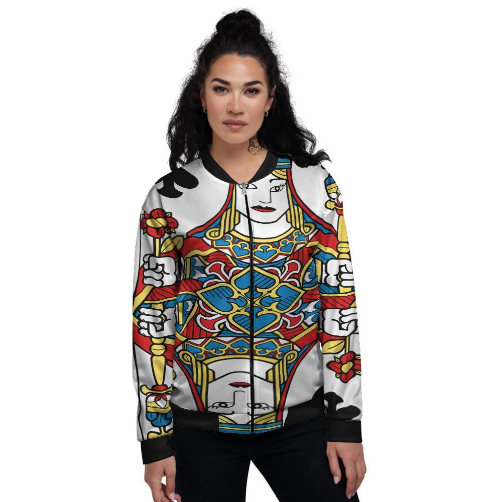 Playing Card Queen Of Spades Print Women's Bomber Jacket