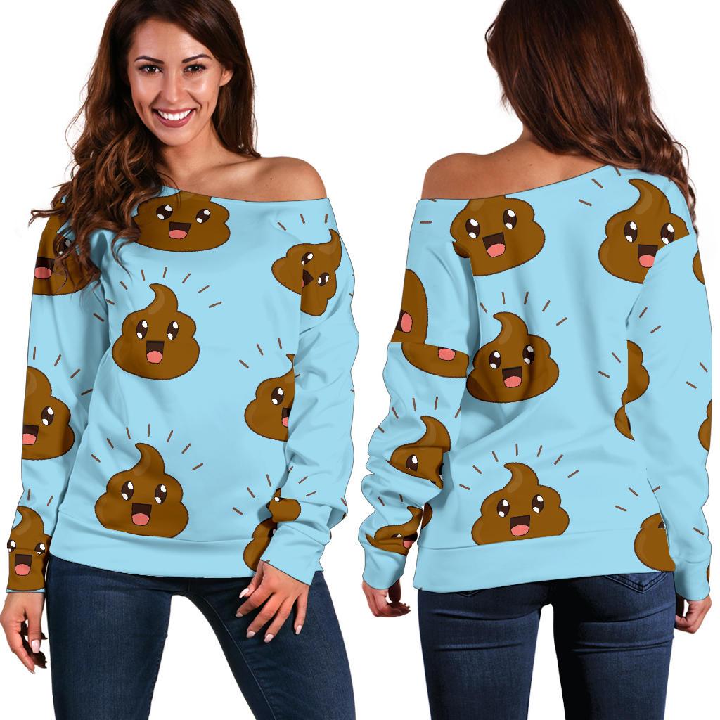 Poop Emoji Print Pattern Women Off Shoulder Sweatshirt