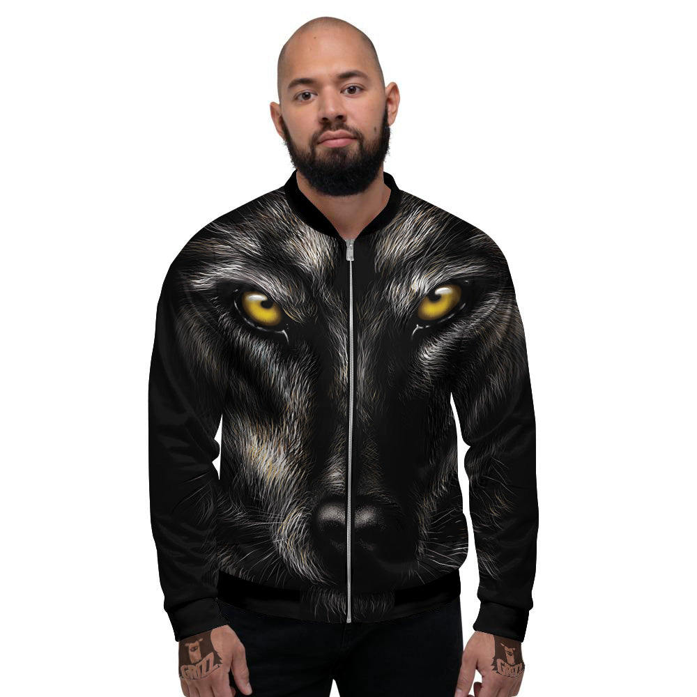 Portrait Black Wolf Print Men's Bomber Jacket
