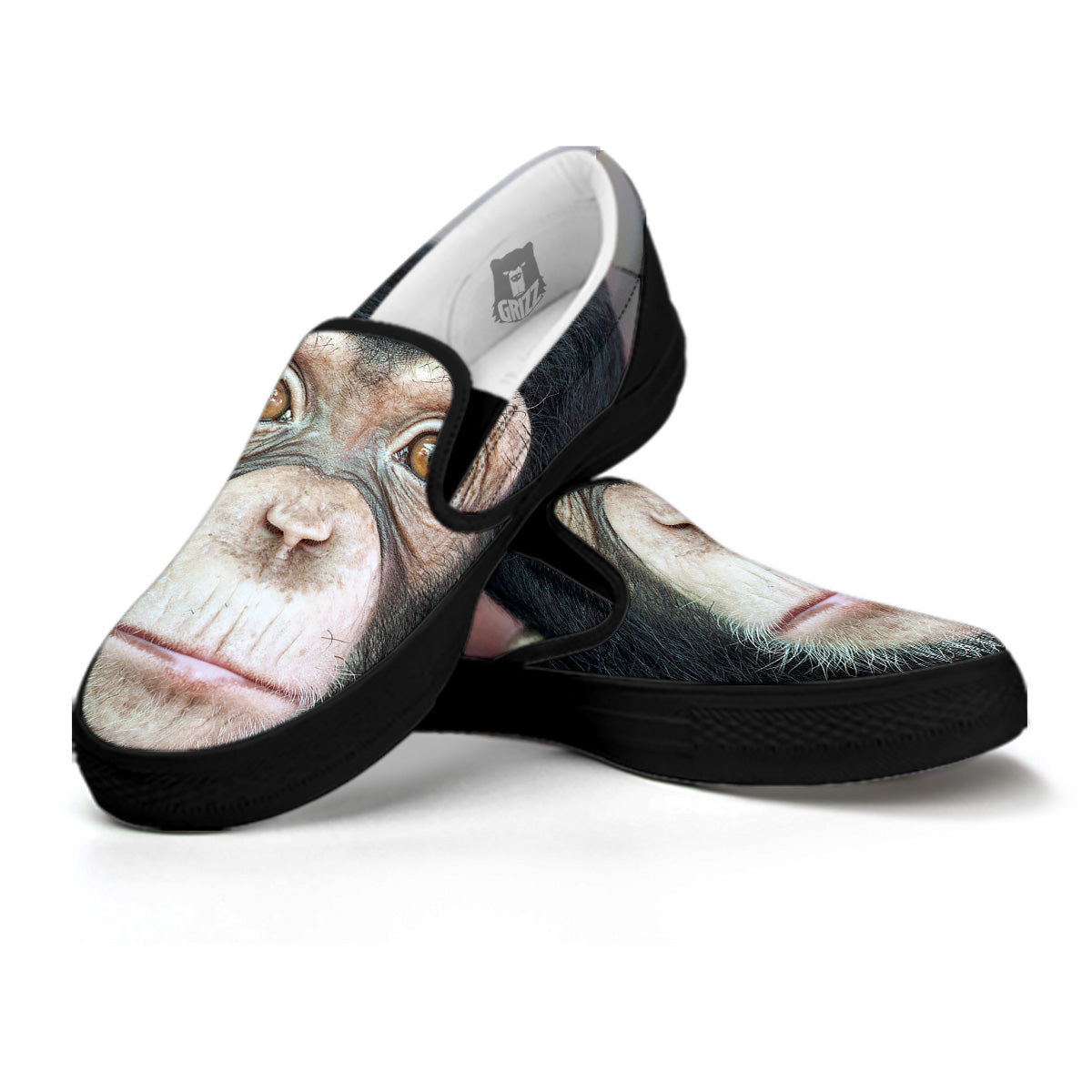 Portrait Chimpanzee Print Black Slip On Shoes