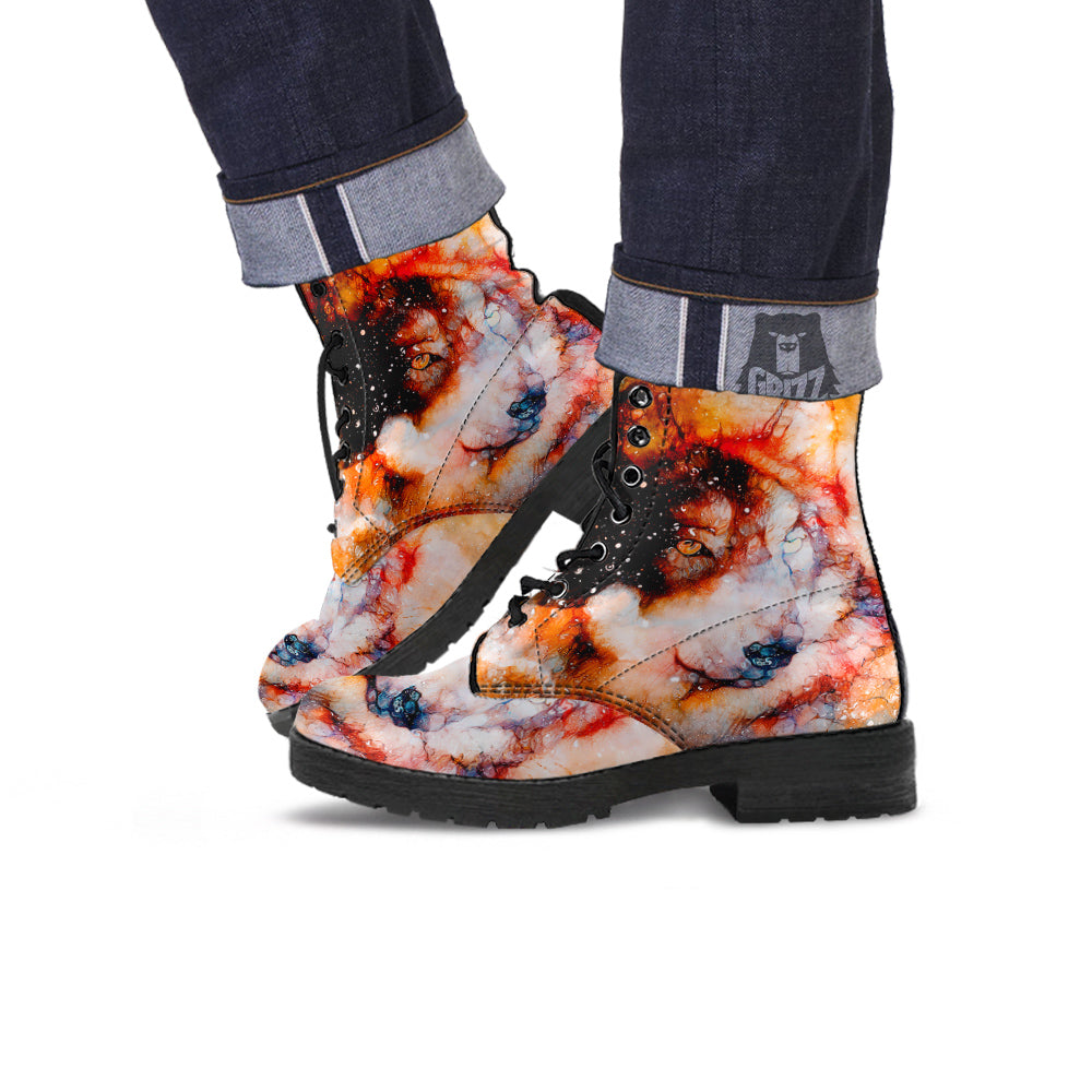 Portrait Cosmic Wolf Print Leather Boots