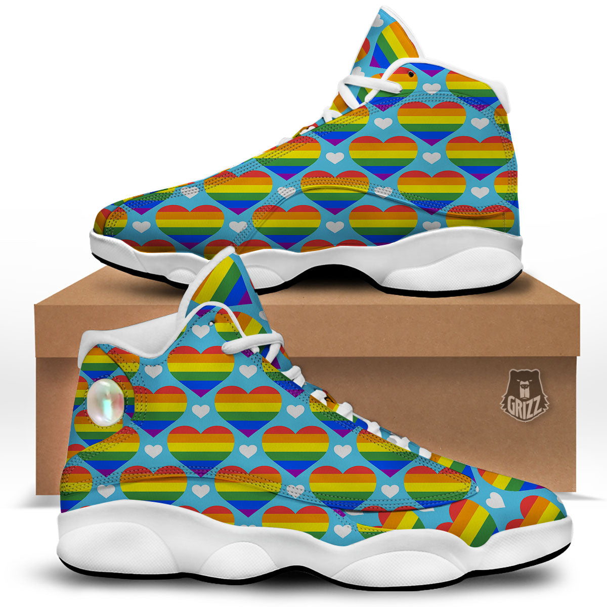 Pride Heart Rainbow LGBT Print Pattern White Basketball Shoes