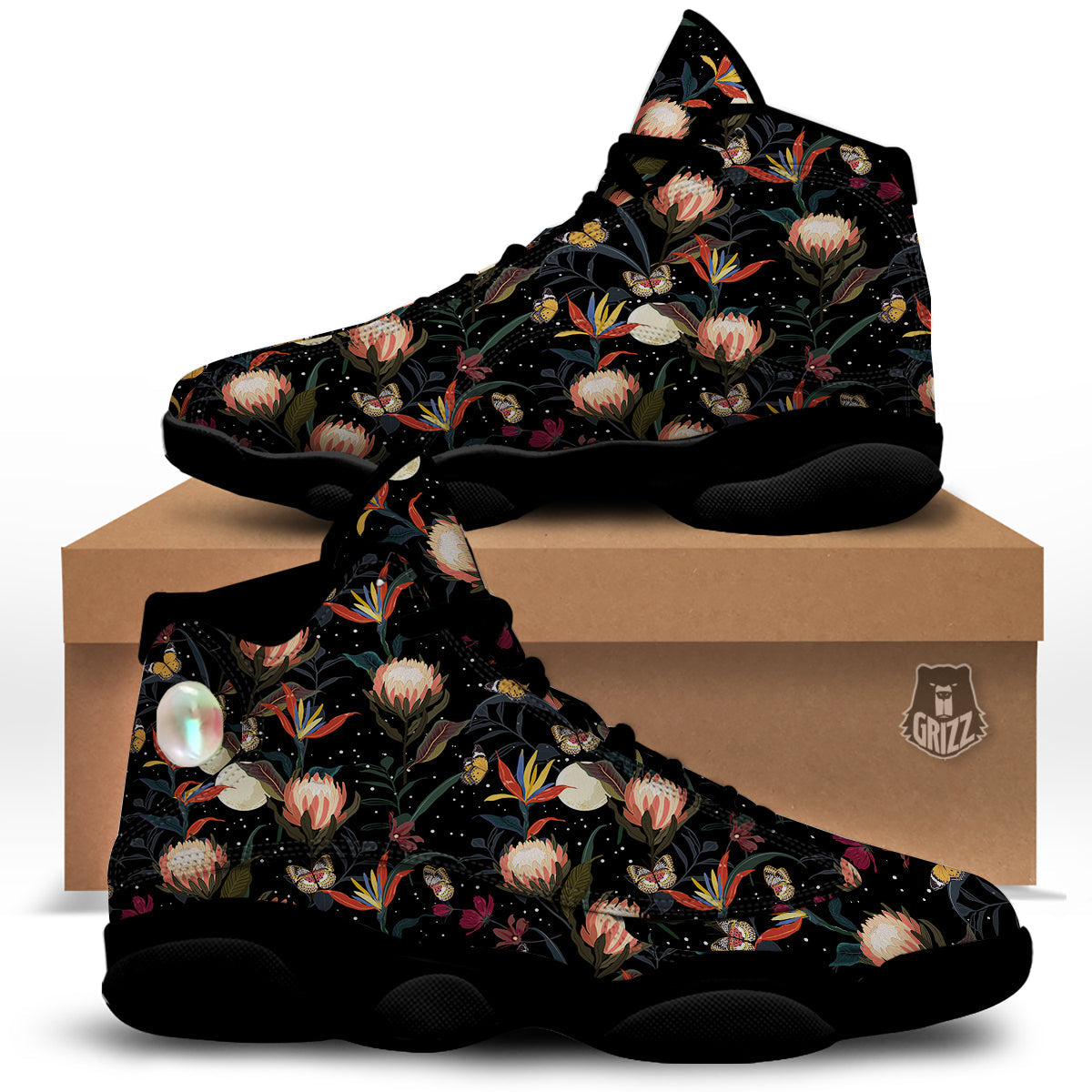 Protea Watercolor Print Pattern Black Basketball Shoes
