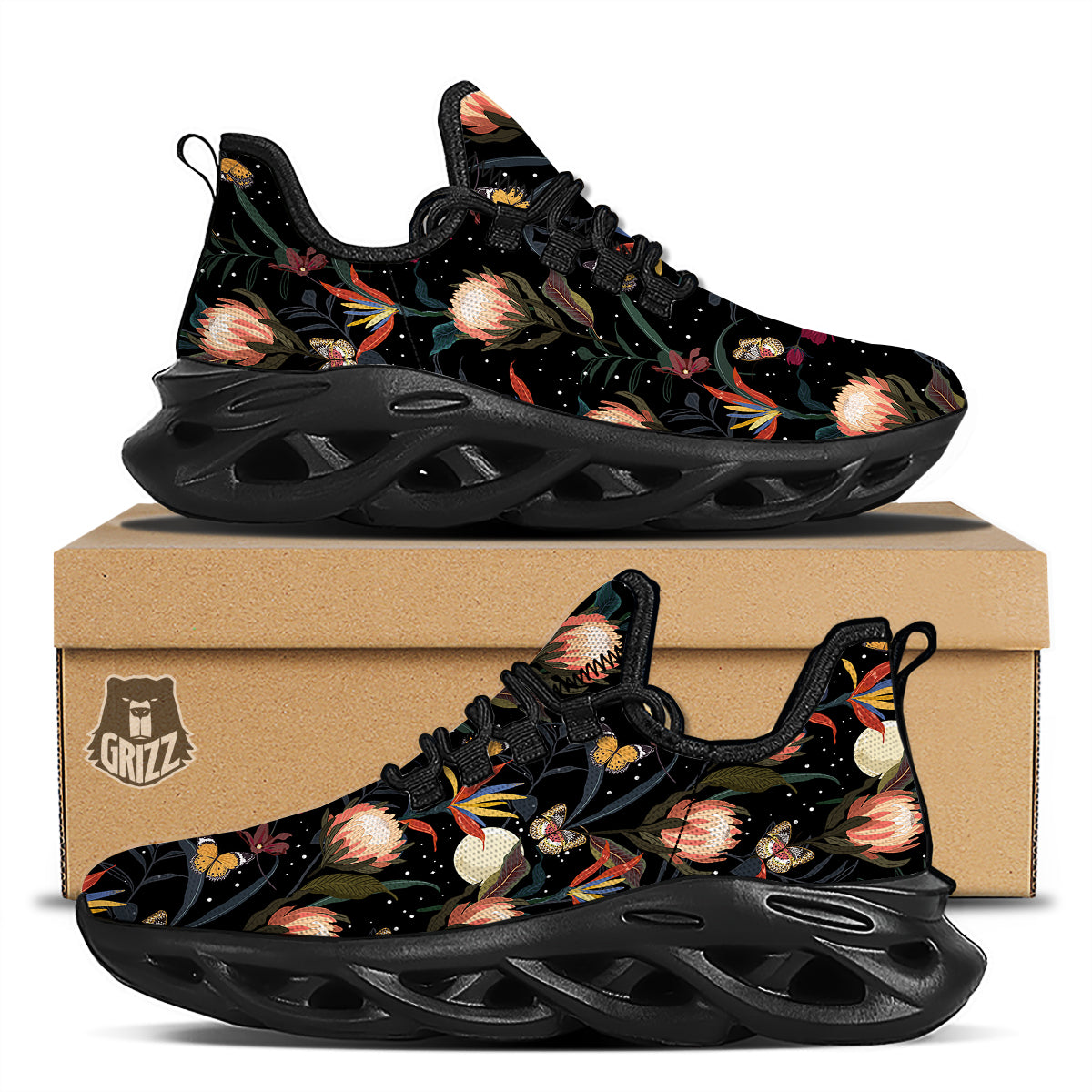 Protea Watercolor Print Pattern Black Running Shoes