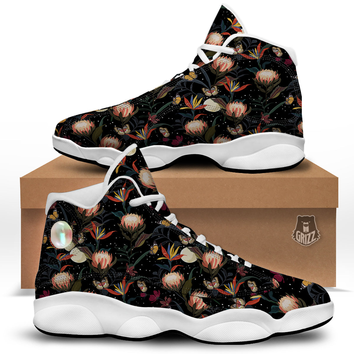 Protea Watercolor Print Pattern White Basketball Shoes