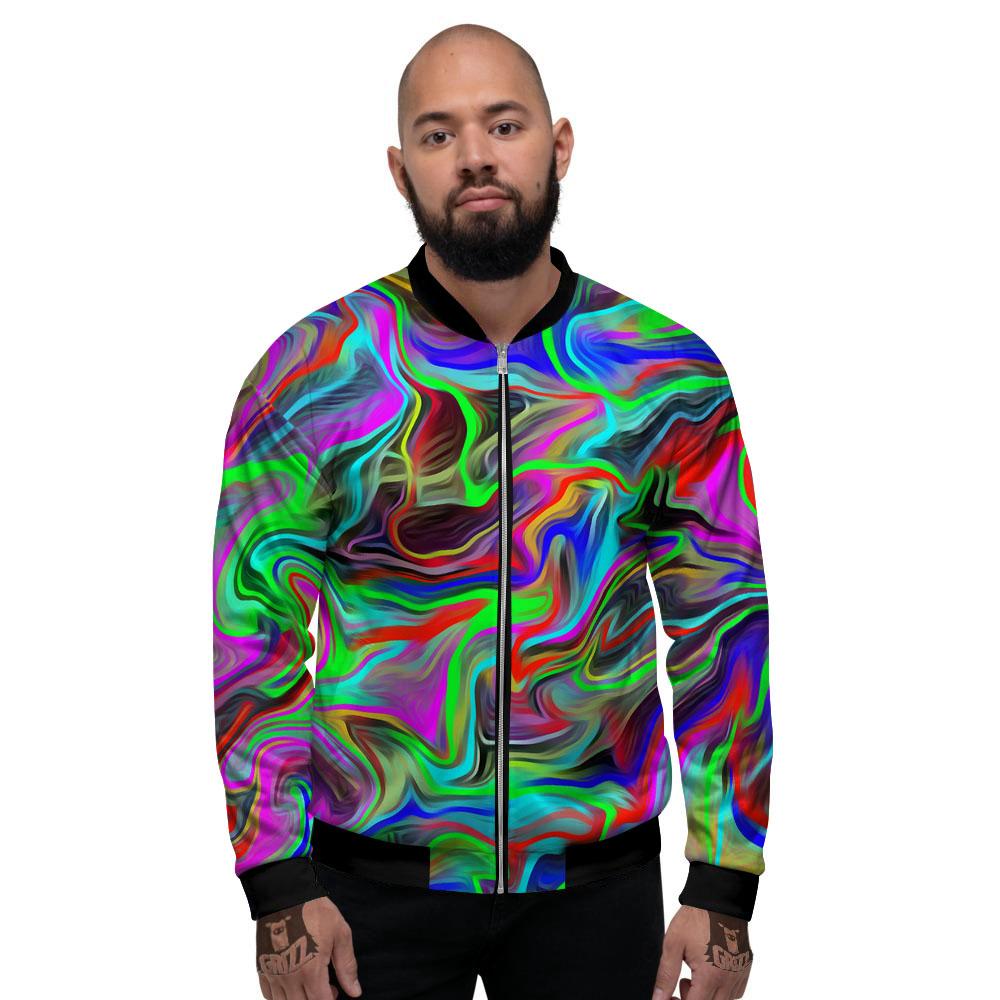 Psychedelic Trippy Neon Green Print Men's Bomber Jacket