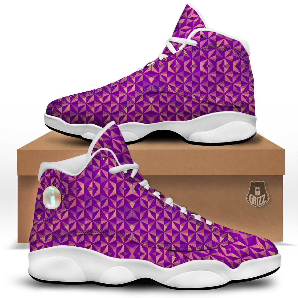 Purple Hexagonal Shape Print Pattern White Basketball Shoes