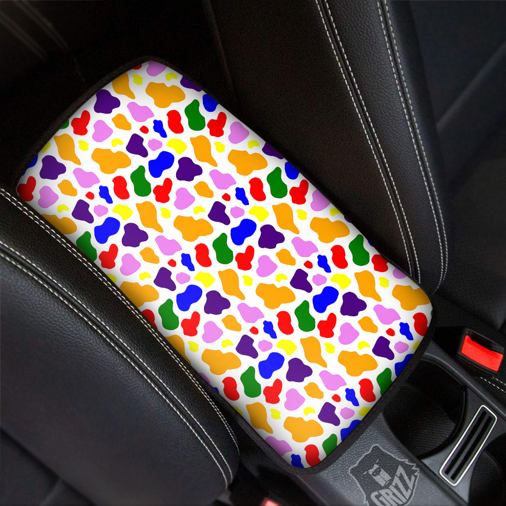 Rainbow Cow Print Pattern Car Center Console Cover