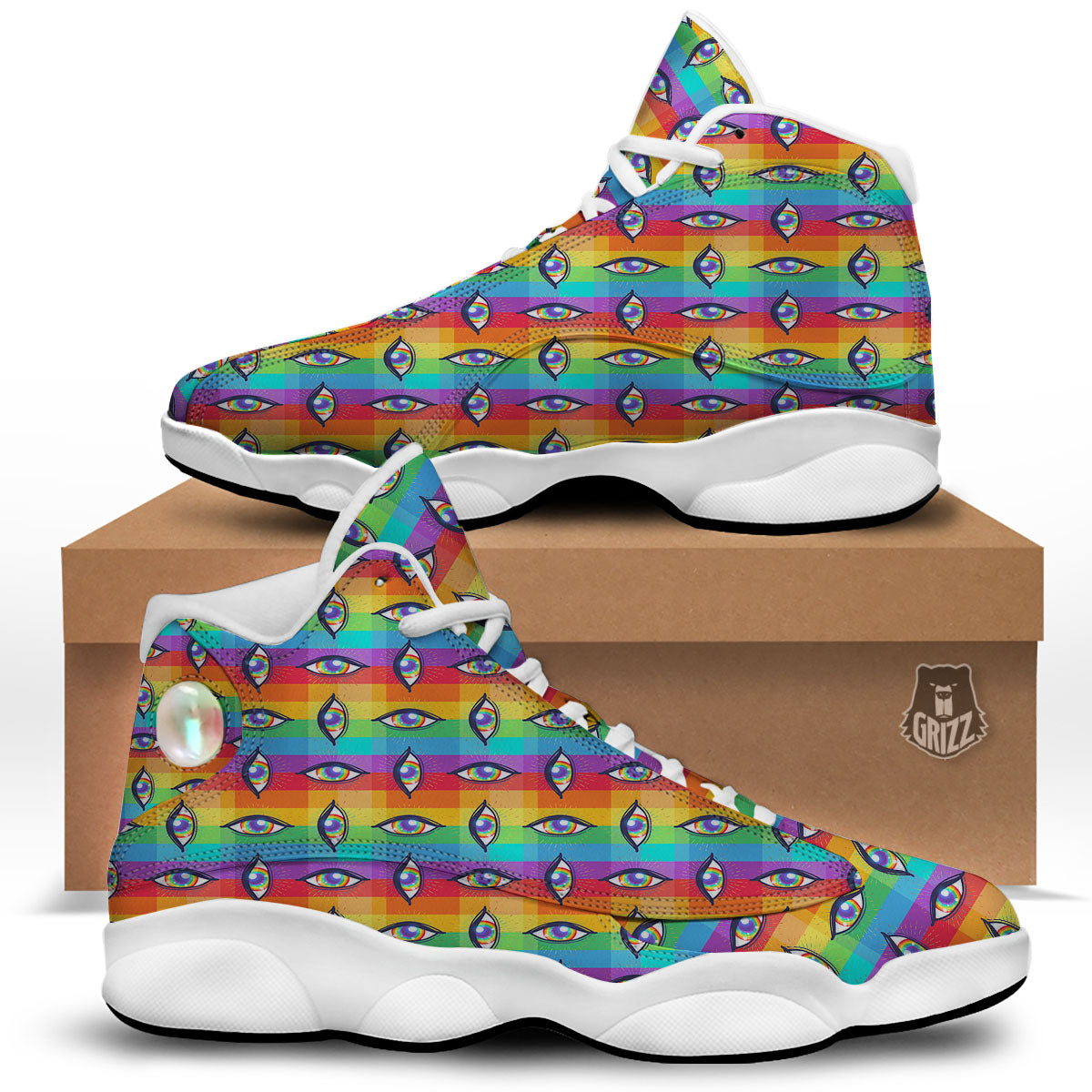 Rainbow Eyes LGBT Pride Print Pattern White Basketball Shoes