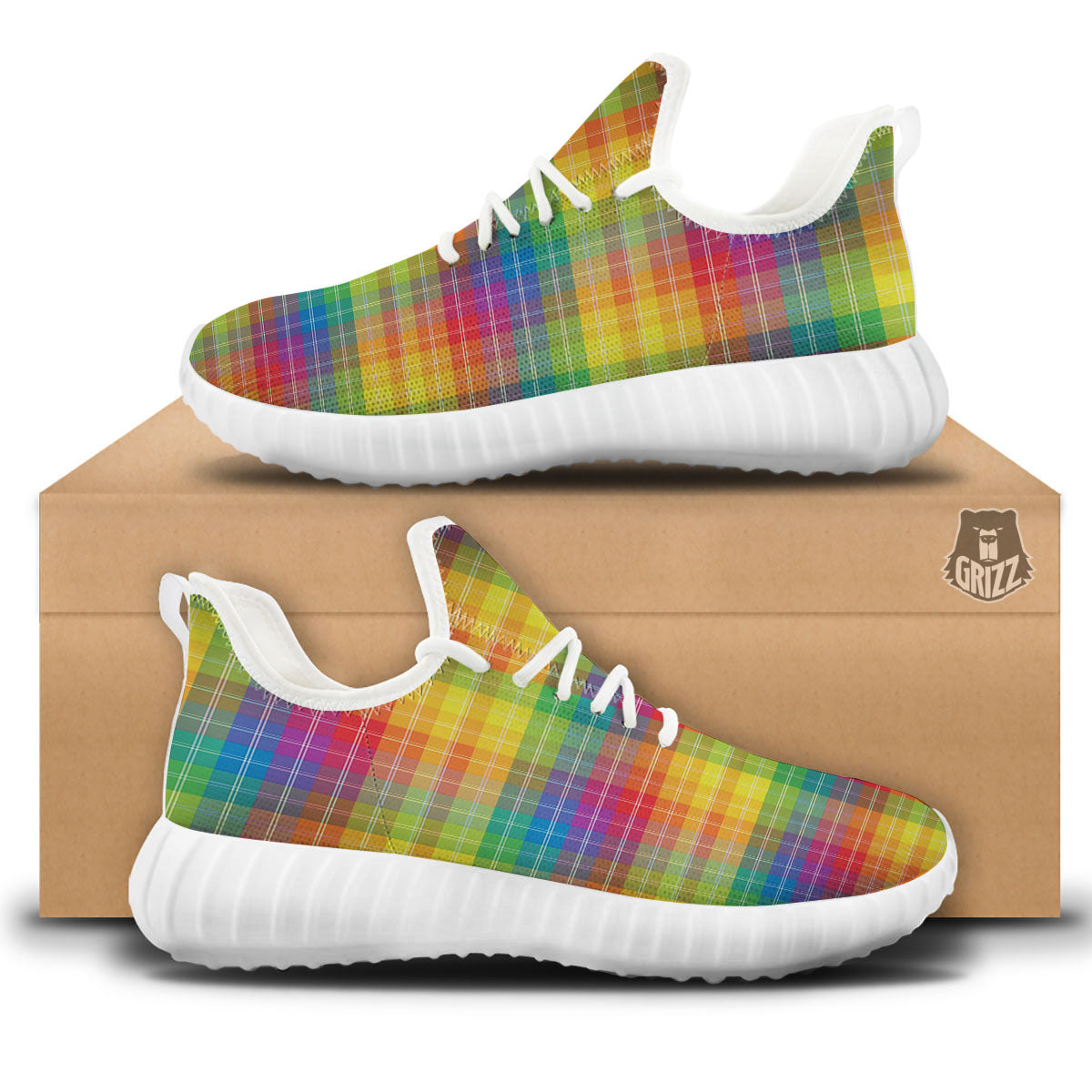 Rainbow Plaid LGBT Pride Print Pattern White Walking Shoes