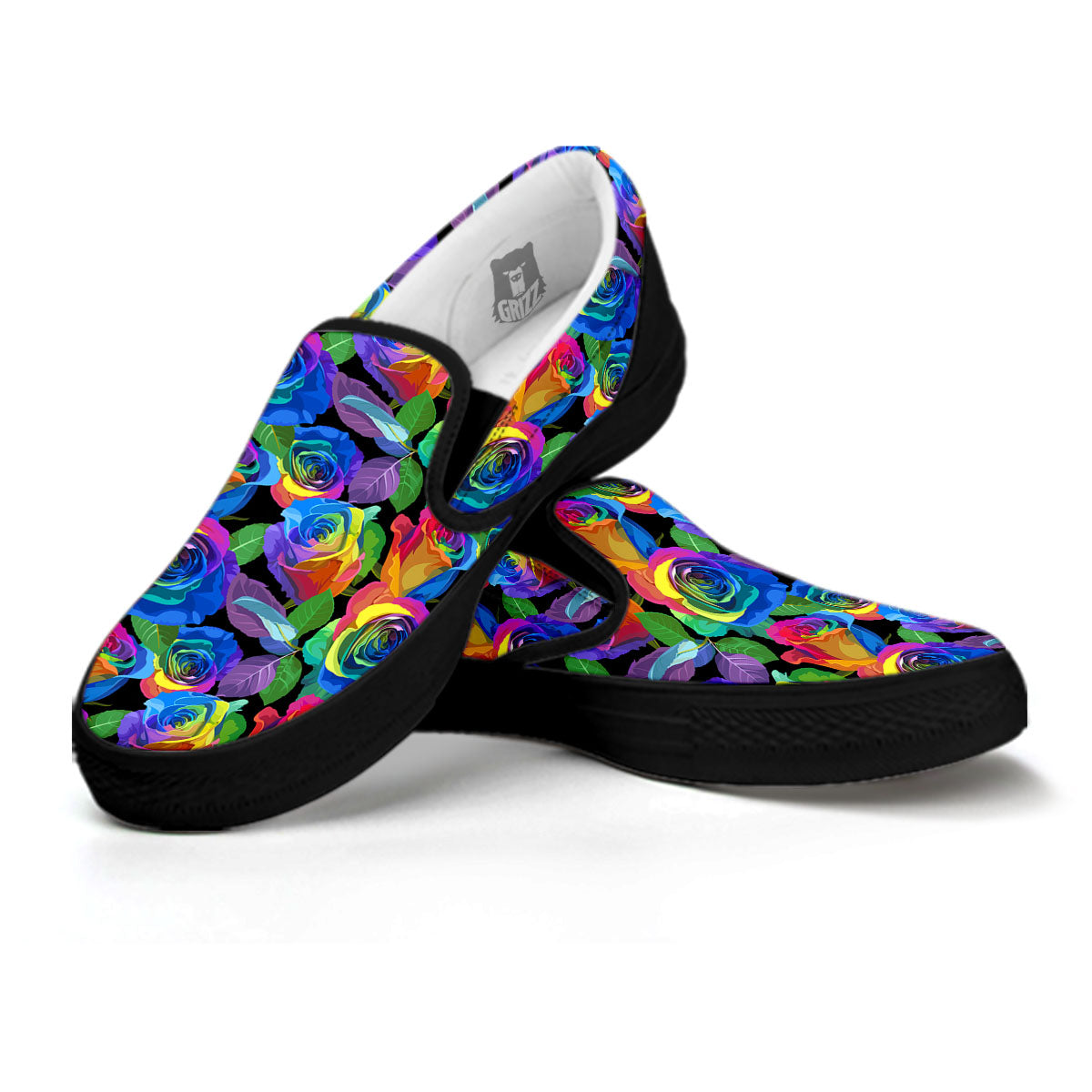 Rainbow Roses LGBT Pride Print Pattern Black Slip On Shoes
