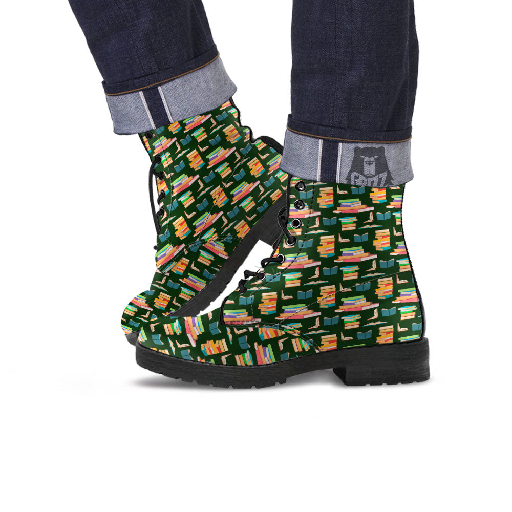 Reading Books Pile Print Pattern Leather Boots