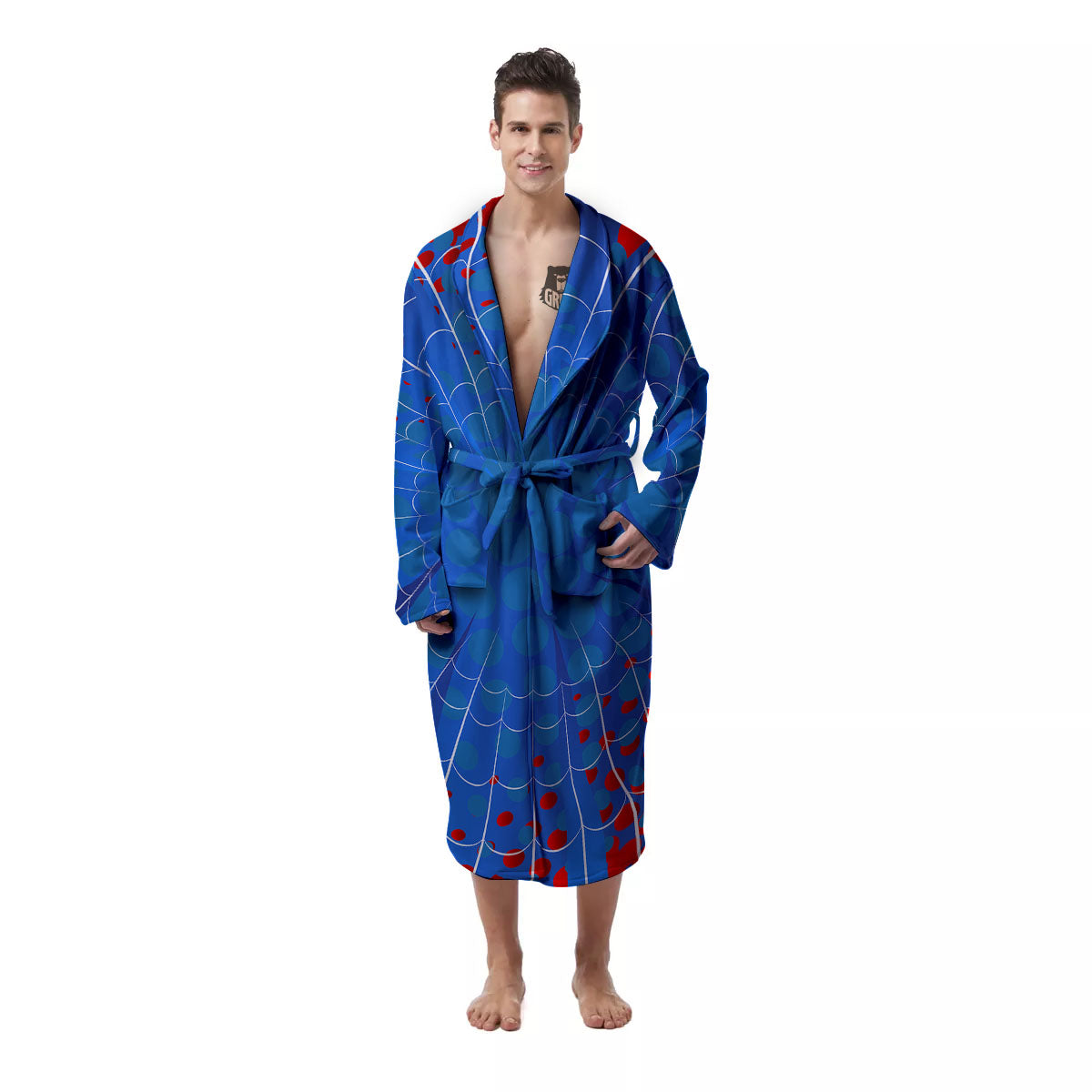 Red And Blue Spider Web Cartoon Print Men's Robe