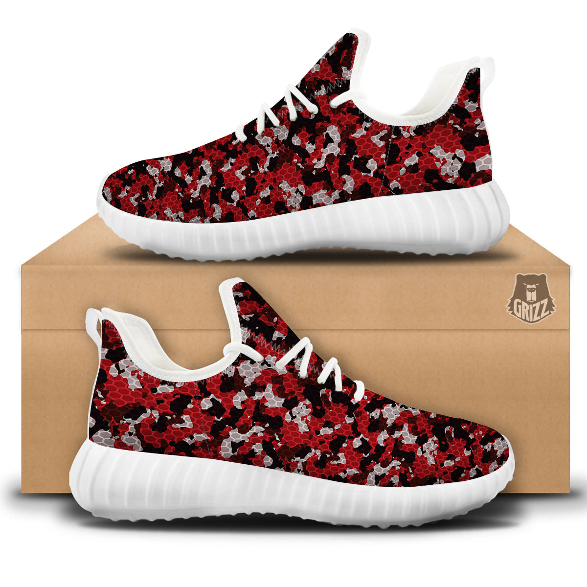 Red Black Hi Tech Camo Hexagonal Grid Print Pattern White Walking Shoe