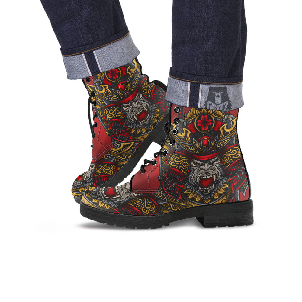 Red Gorilla Samurai Print Leather Boots