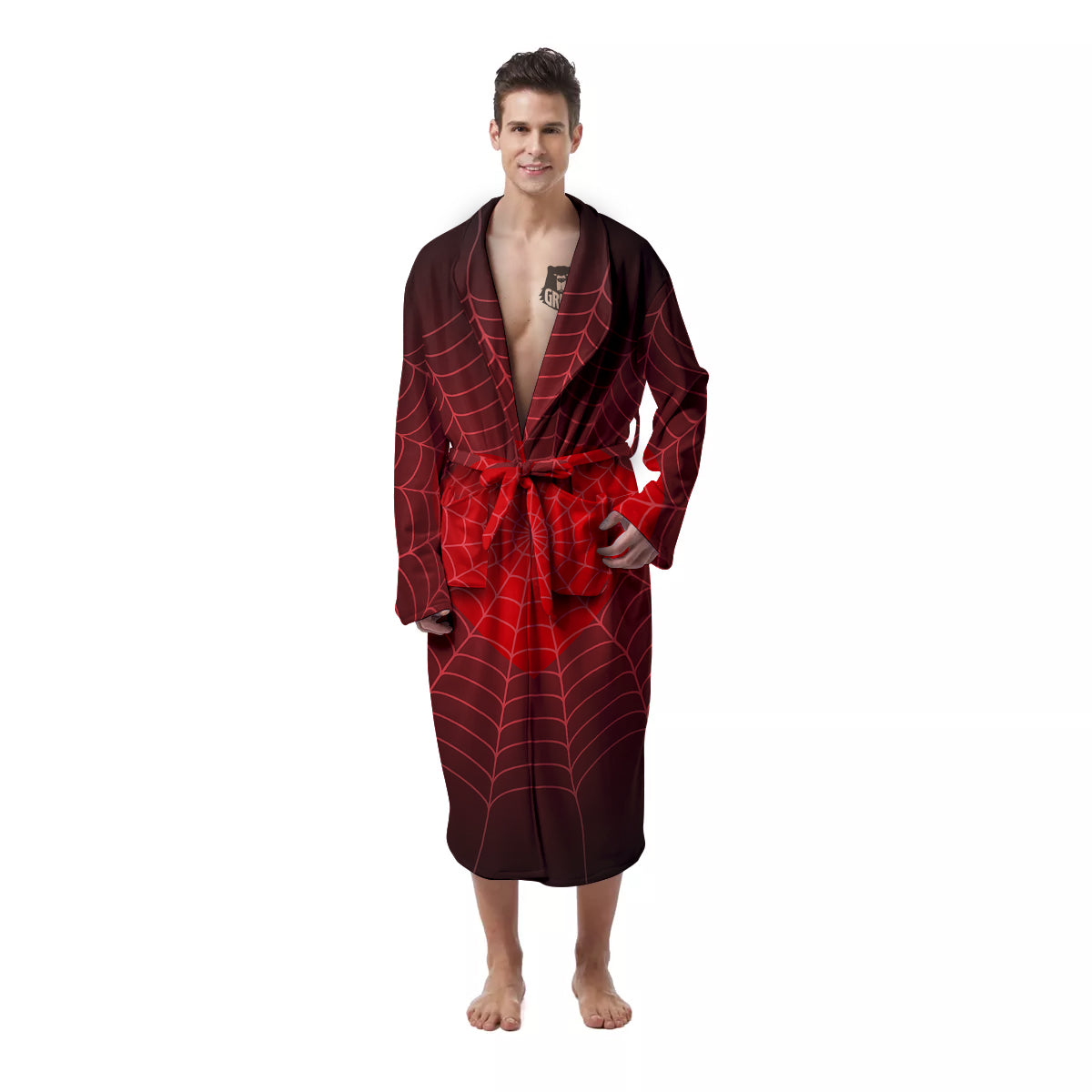 Red Heart Spider Web Print Men's Robe