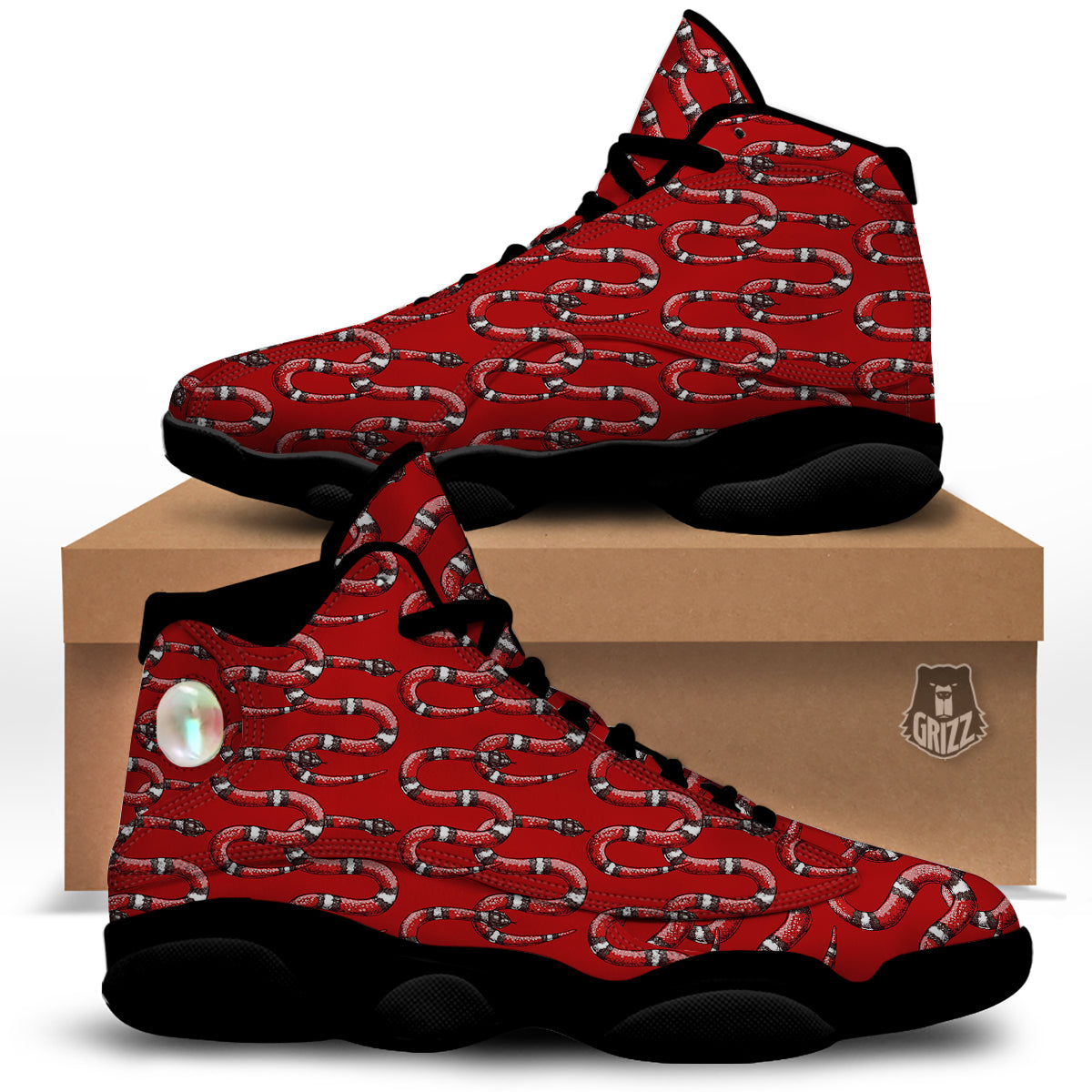 Red Snake Drawing Color Print Pattern Black Basketball Shoes
