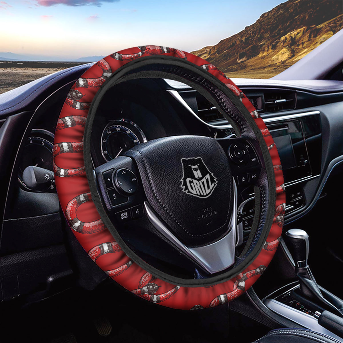Red Snake Drawing Color Print Pattern Car Steering Wheel Cover