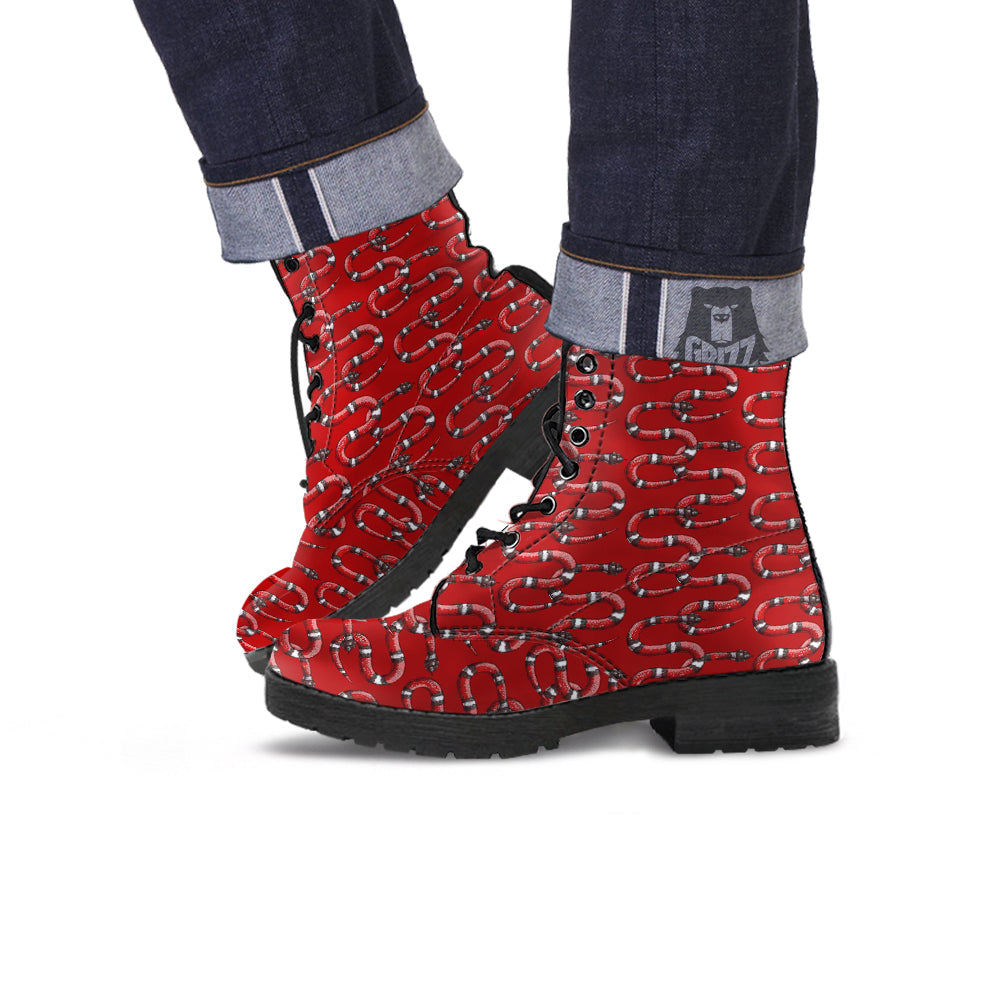 Red Snake Drawing Color Print Pattern Leather Boots