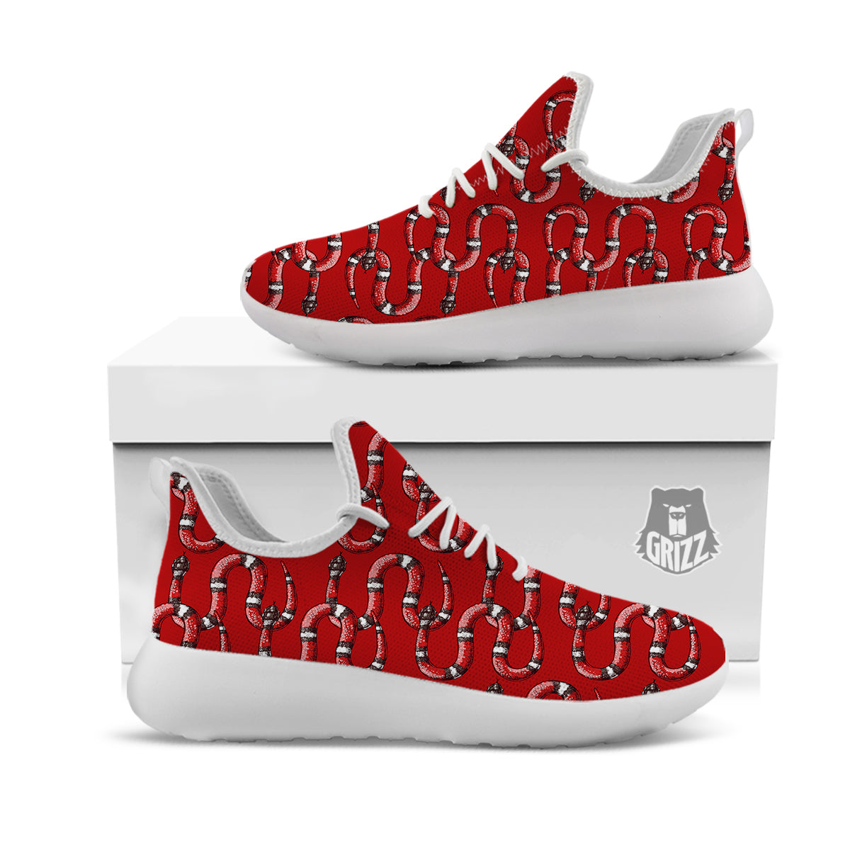 Red Snake Drawing Color Print Pattern White Athletic Shoes