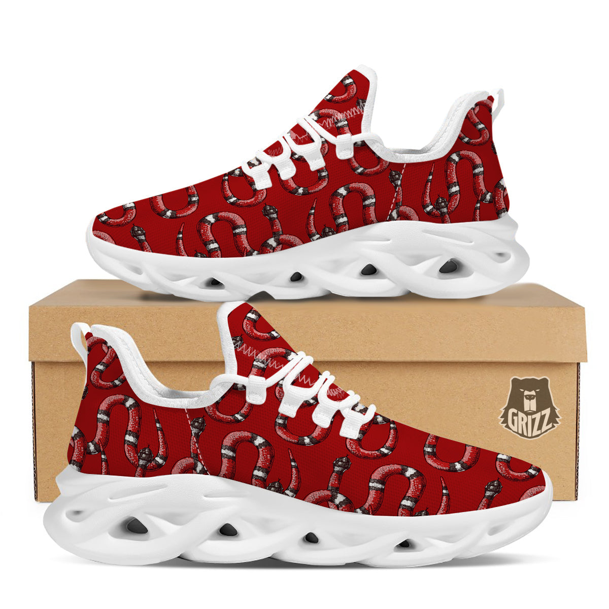 Red Snake Drawing Color Print Pattern White Running Shoes
