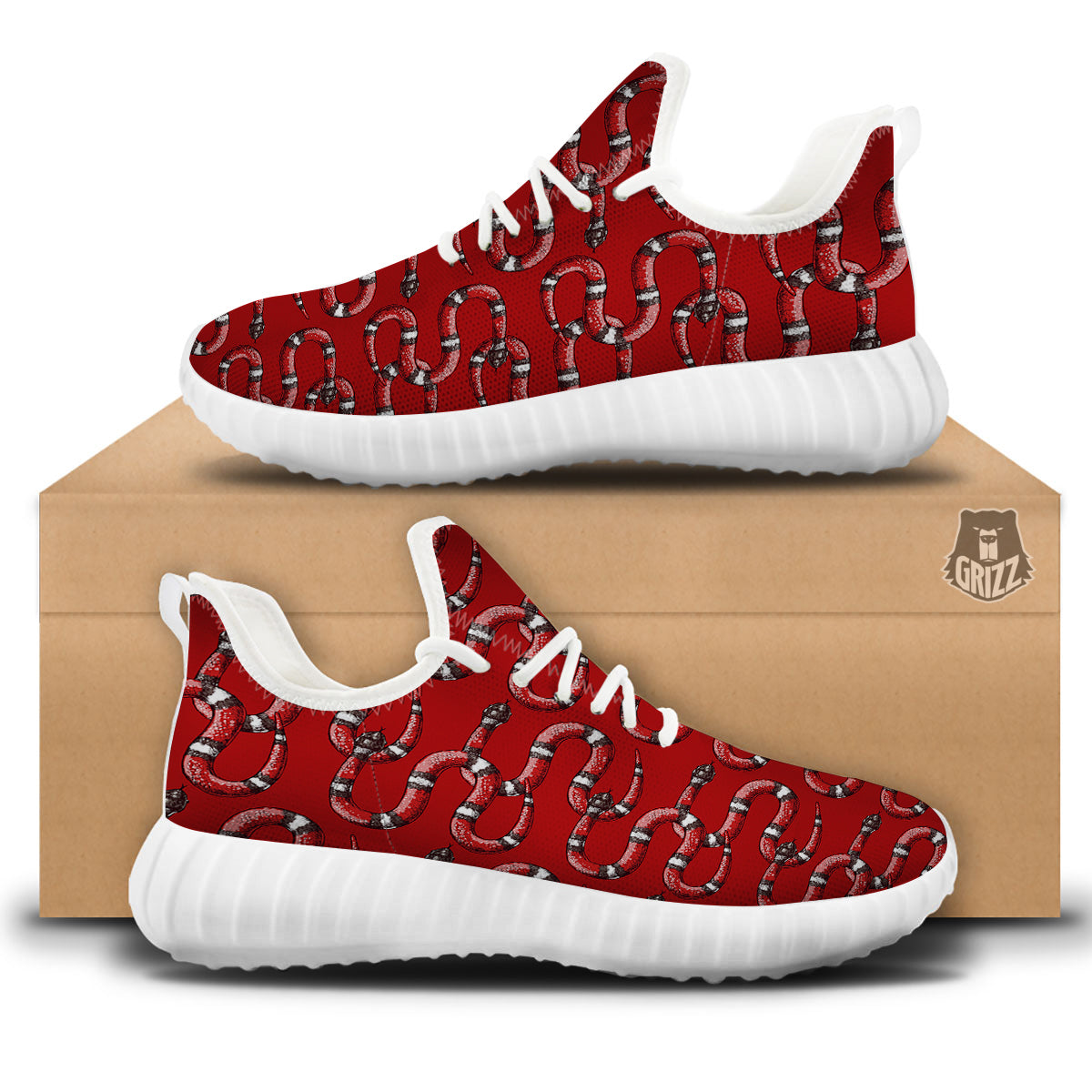 Red Snake Drawing Color Print Pattern White Walking Shoes