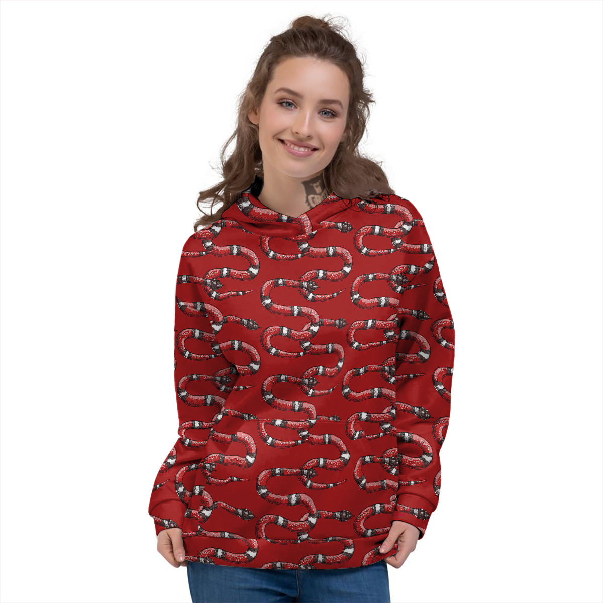 Red Snake Drawing Color Print Pattern Women's Hoodie