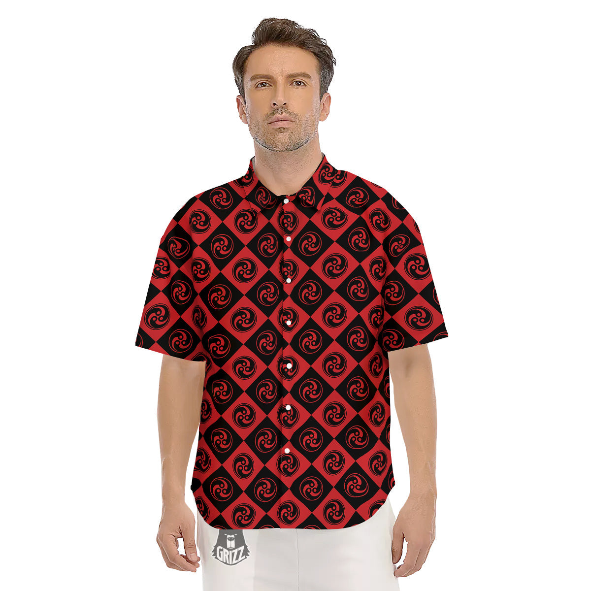 Red Tomoe Print Pattern Men's Short Sleeve Shirts