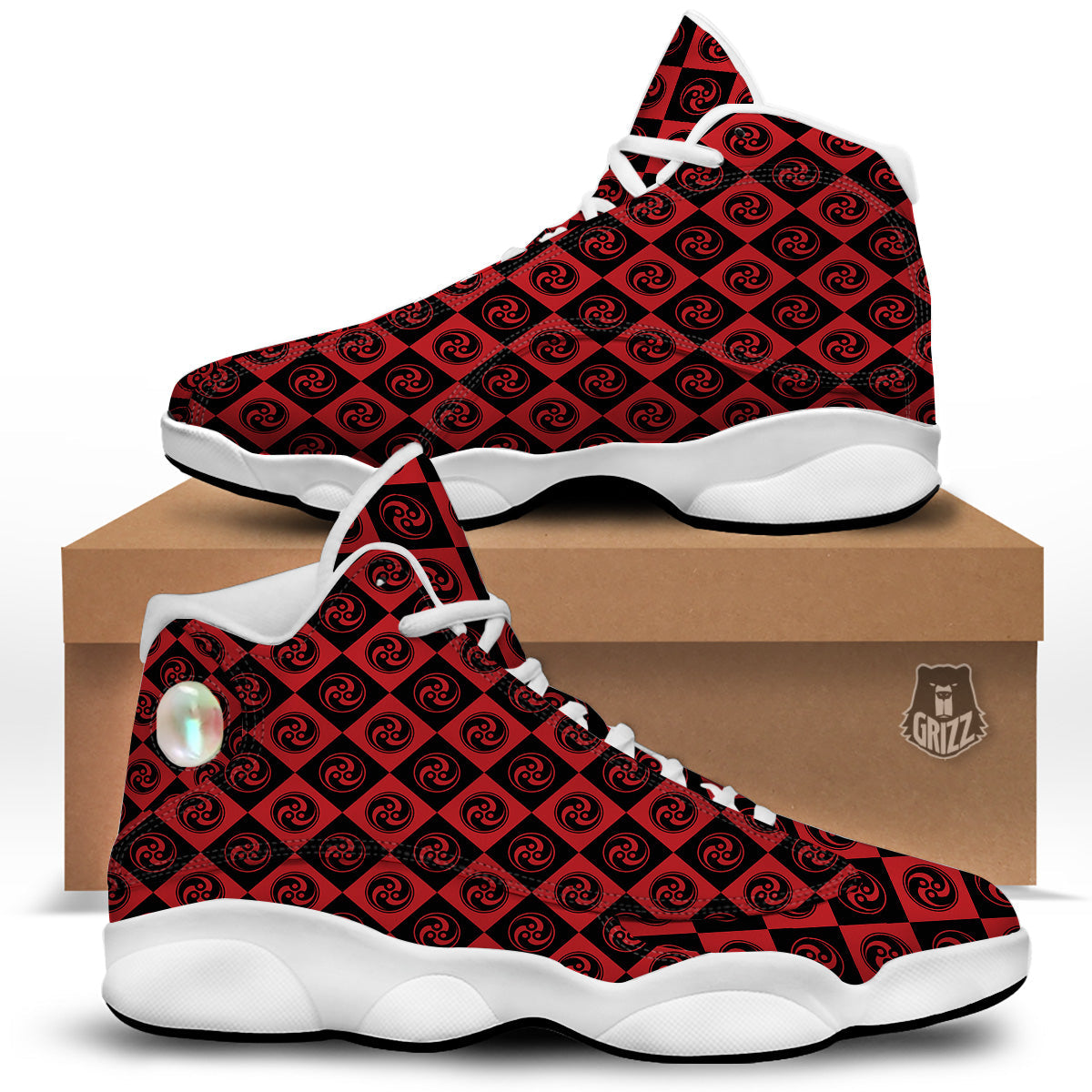 Red Tomoe Print Pattern White Basketball Shoes