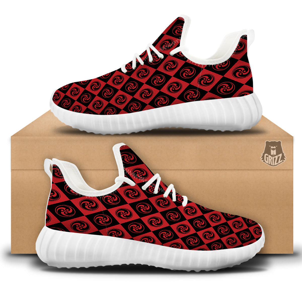 Red Tomoe Print Pattern White Walking Shoes