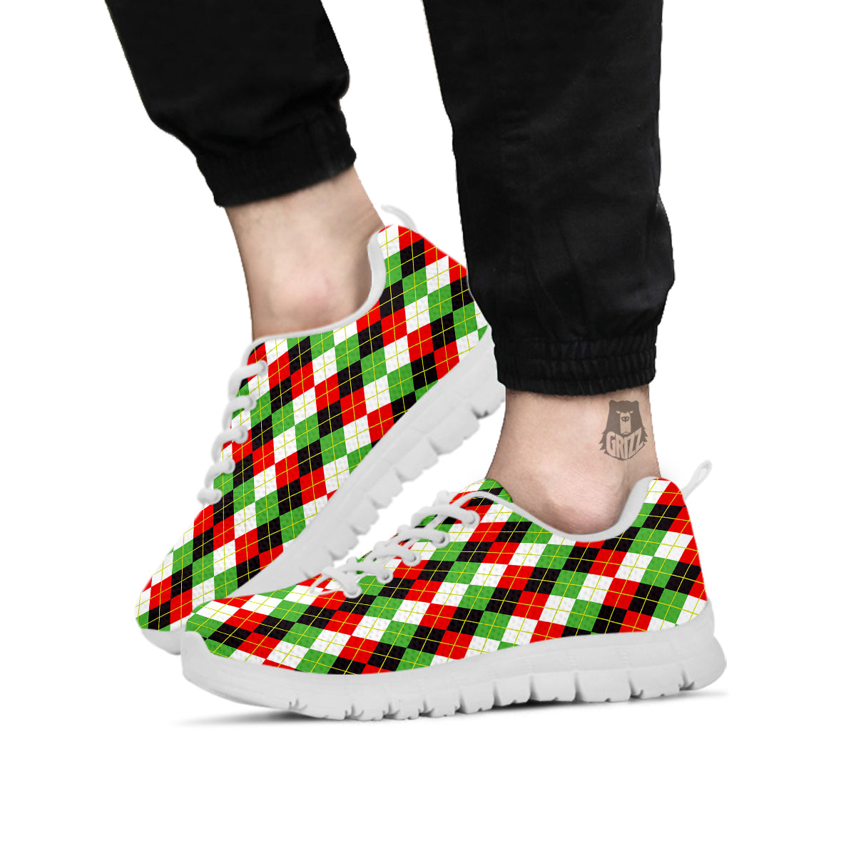 Red White And Green Argyle Print Pattern White Sneaker