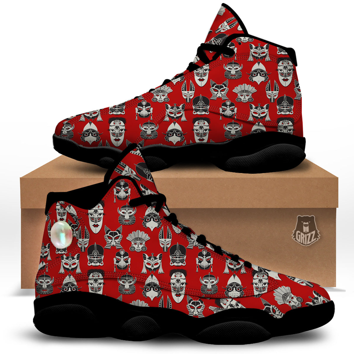 Red White Tribal Mask Print Pattern Black Basketball Shoes