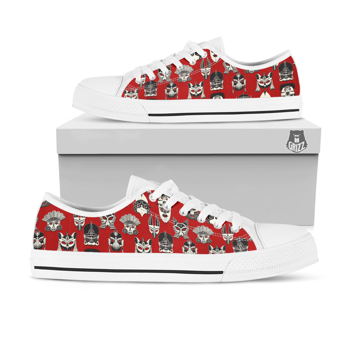 Red White Tribal Mask Print Pattern White Low Top Shoes