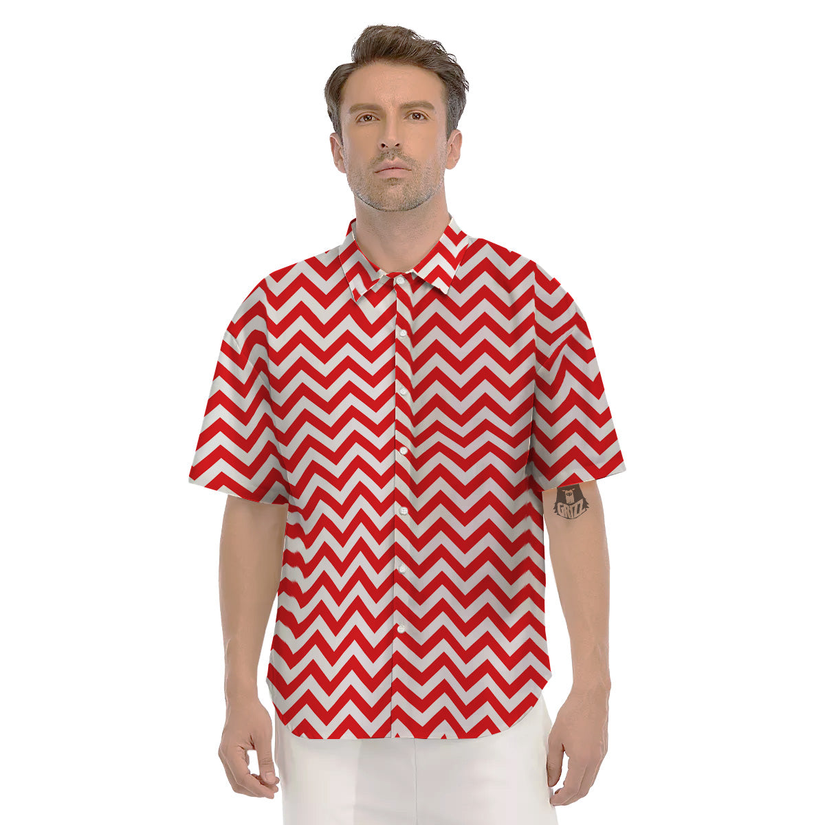 Red Zigzag Print Pattern Men's Short Sleeve Shirts