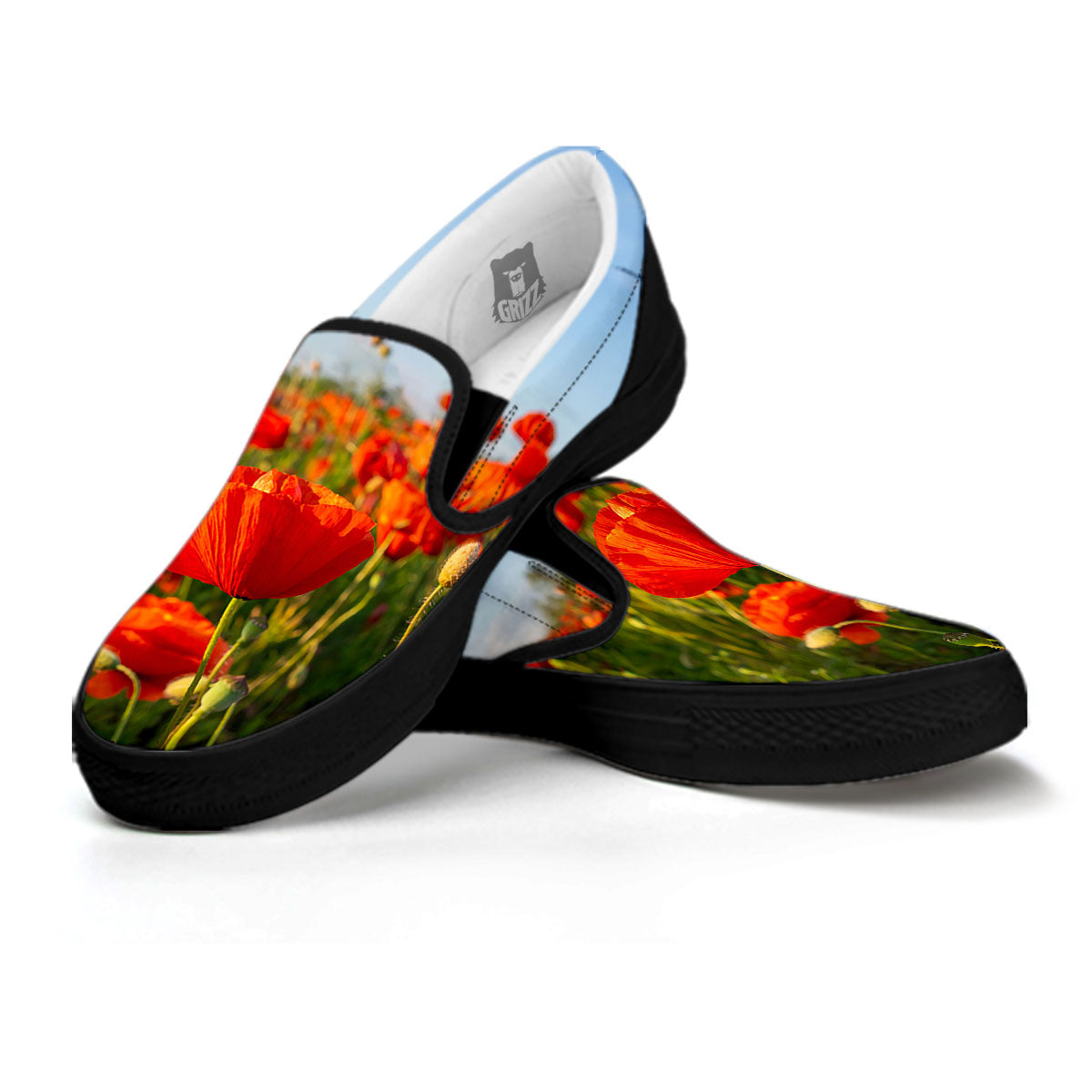 Remembrance Poppy Day Print Black Slip On Shoes