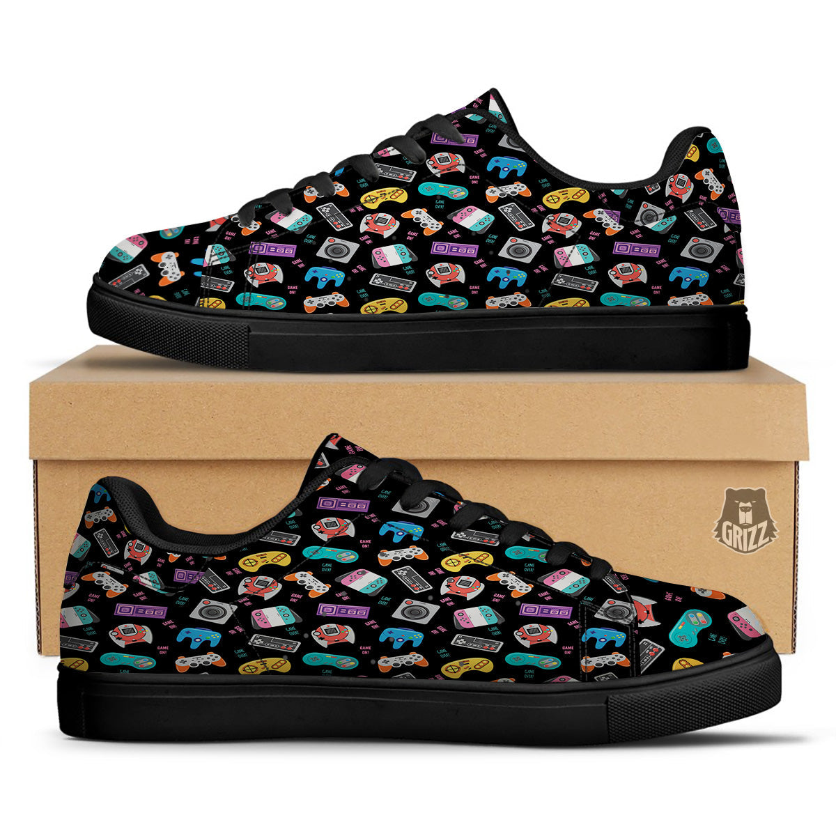 Retro Video Game Controller Print Pattern Black Low Top Sneakers