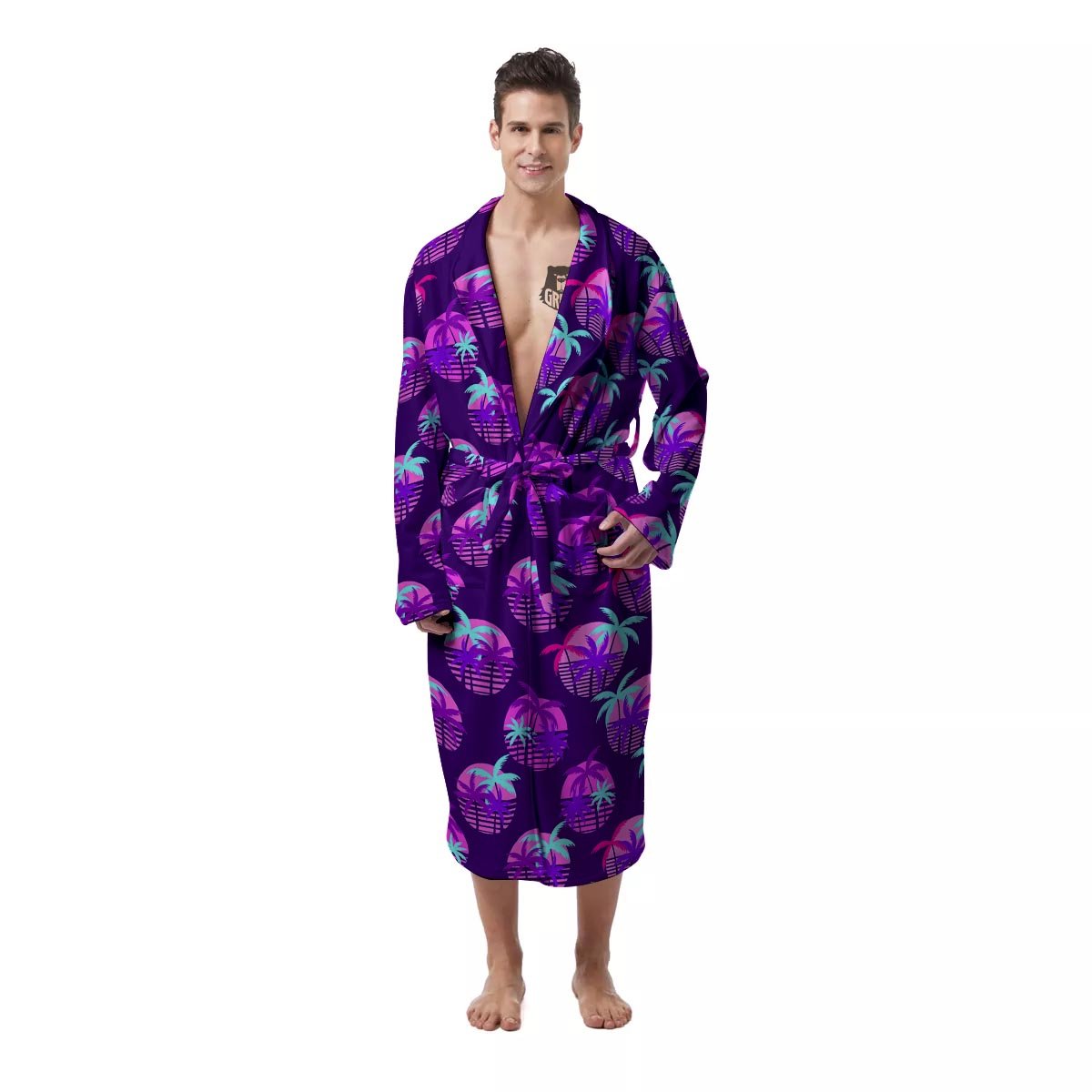 Retrowave Sunset Palm Tree Print Pattern Men's Robe
