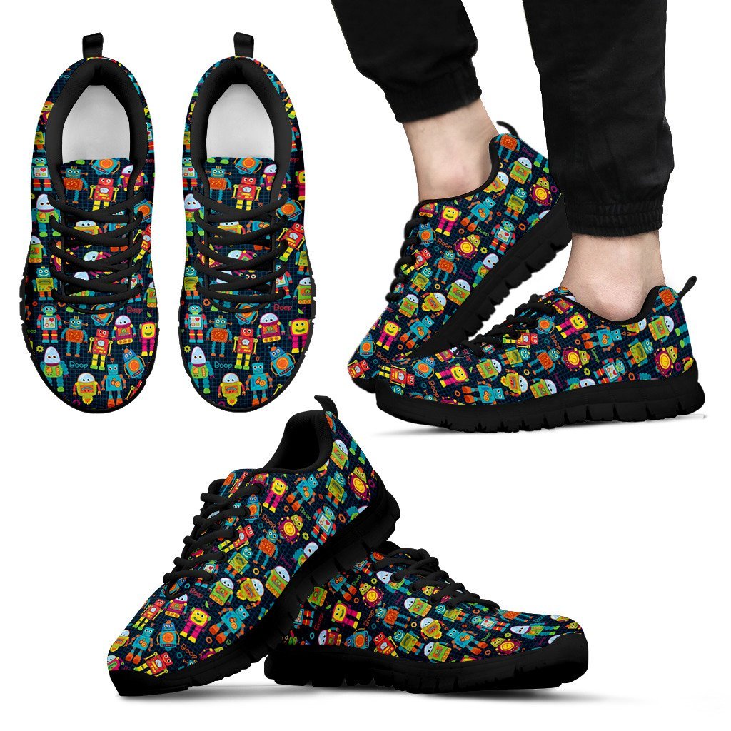 Robot Cyborg Print Pattern Black Sneaker Shoes For Men Women