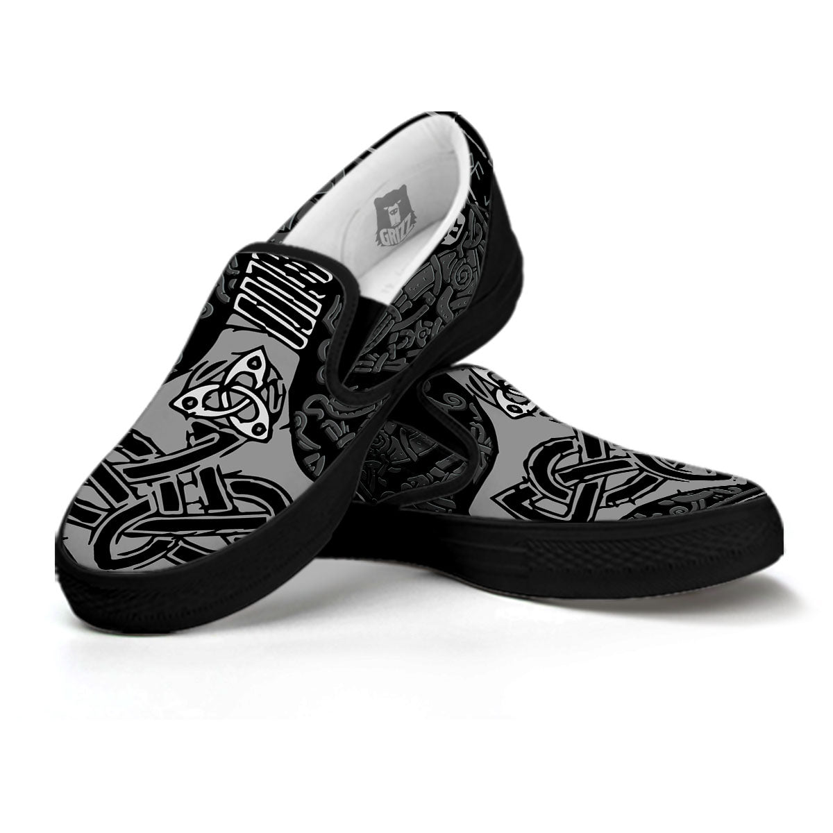 Runes Scandinavian And Mjolnir Print Black Slip On Shoes