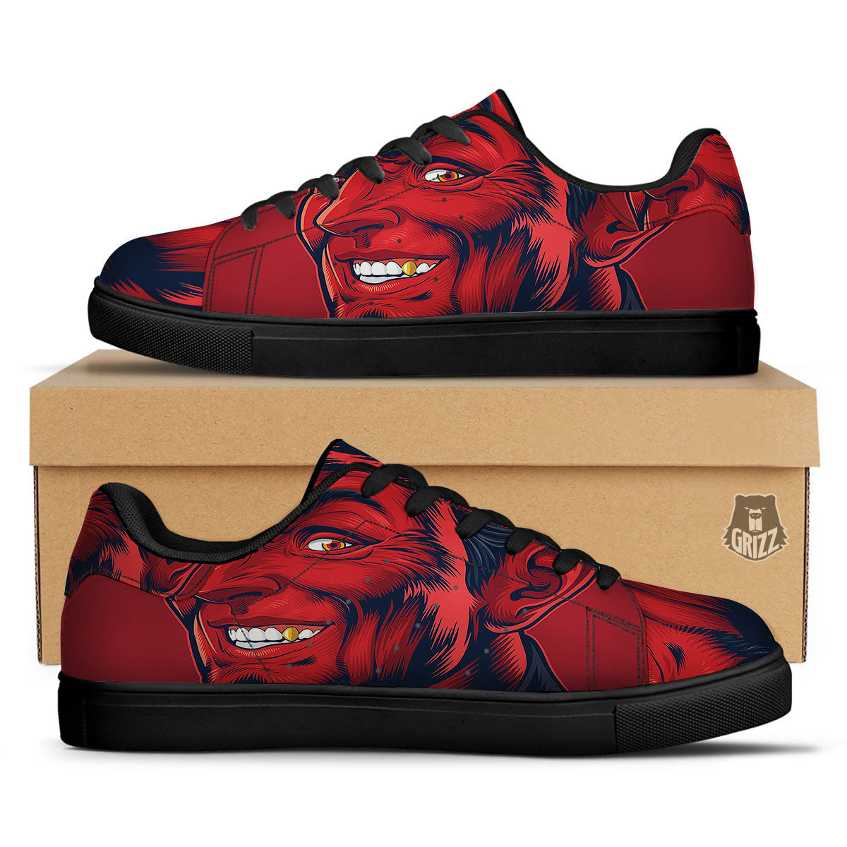 Satan Red Devil Print Black Low Top Sneakers