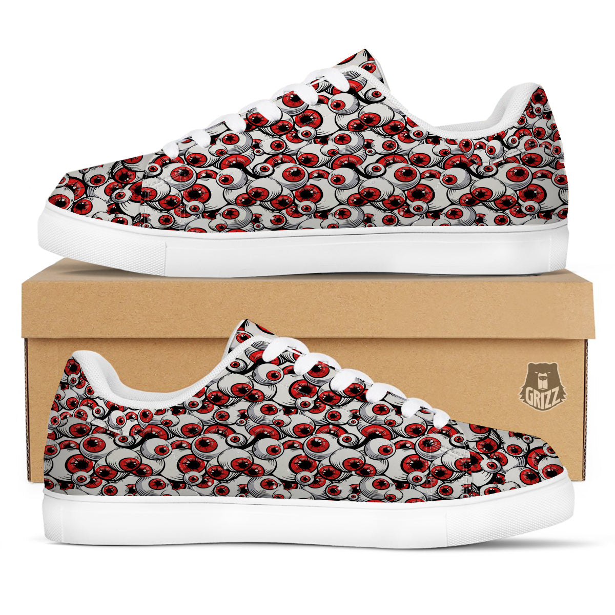 Scary Red Eyes Print Pattern White Low Top Sneakers