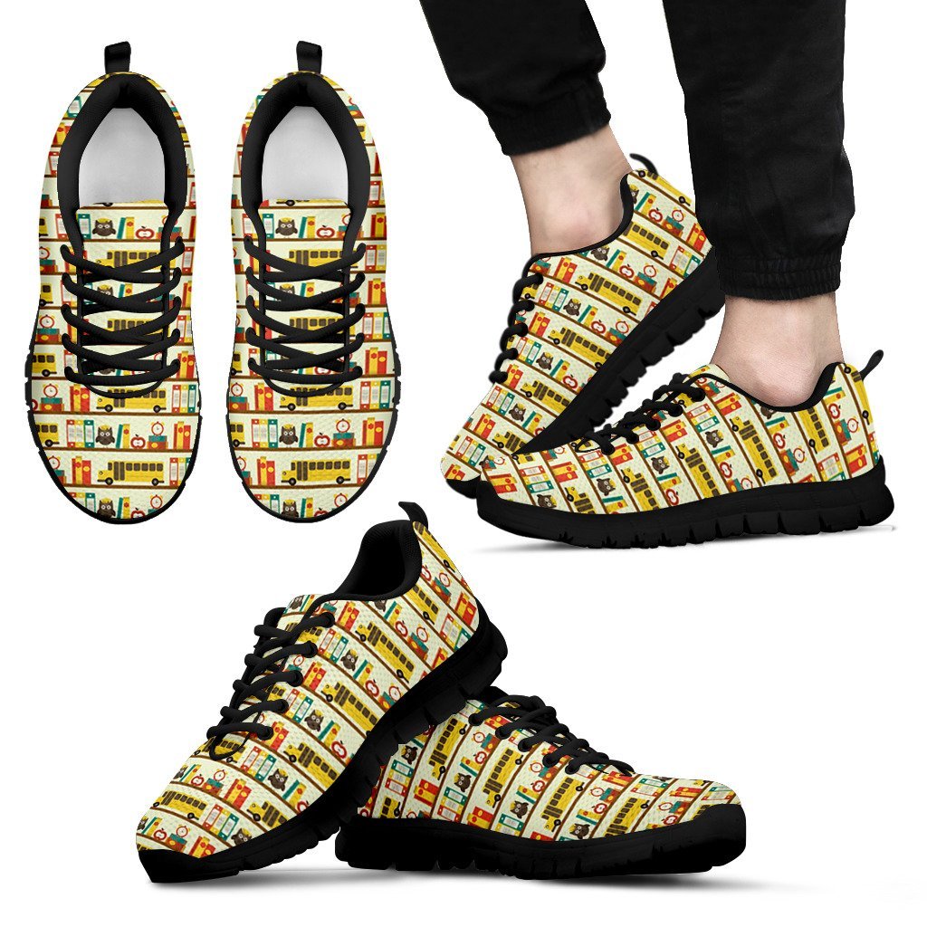 School Bus Print Pattern Black Sneaker Shoes For Men Women