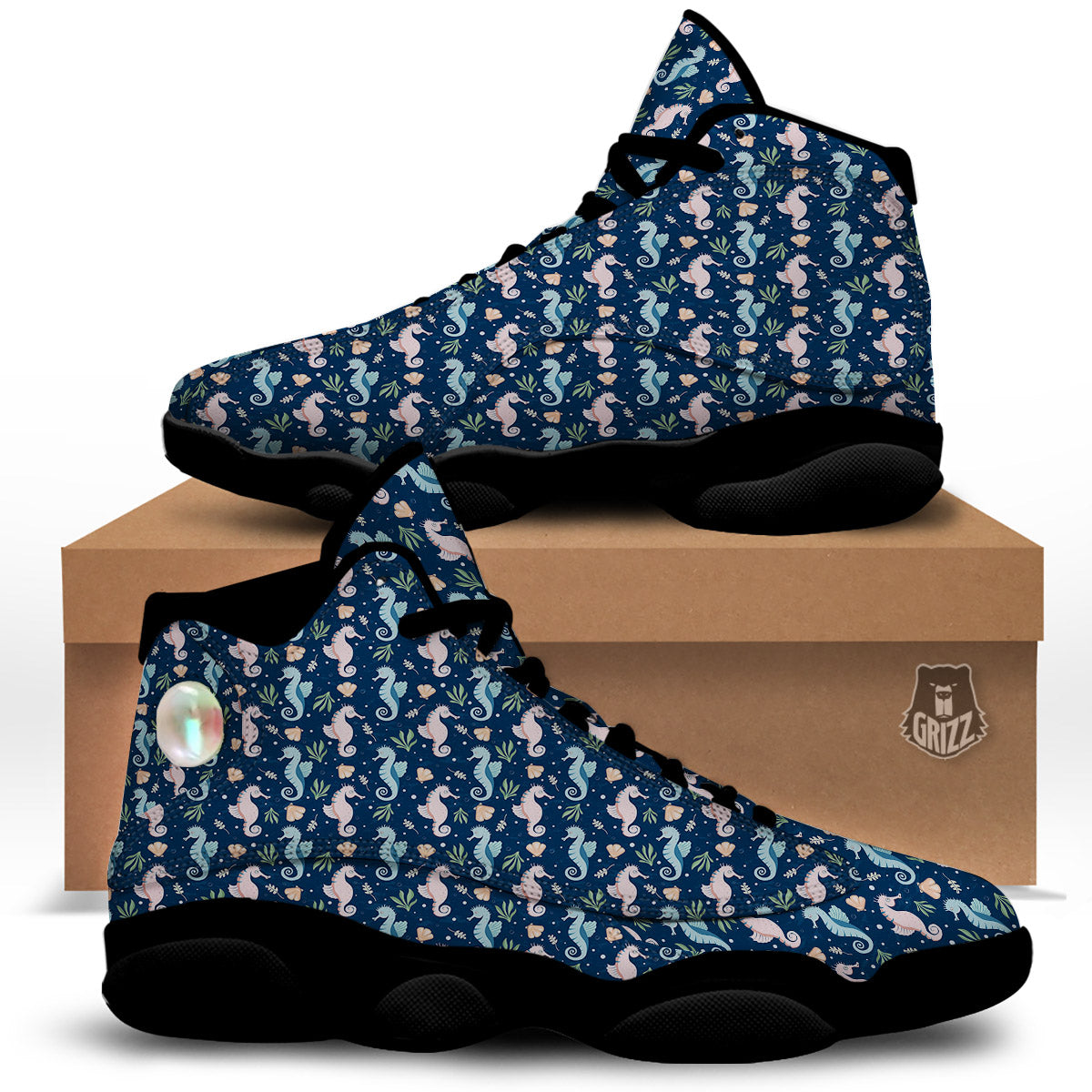 Seahorse Colorful Print Pattern Black Basketball Shoes