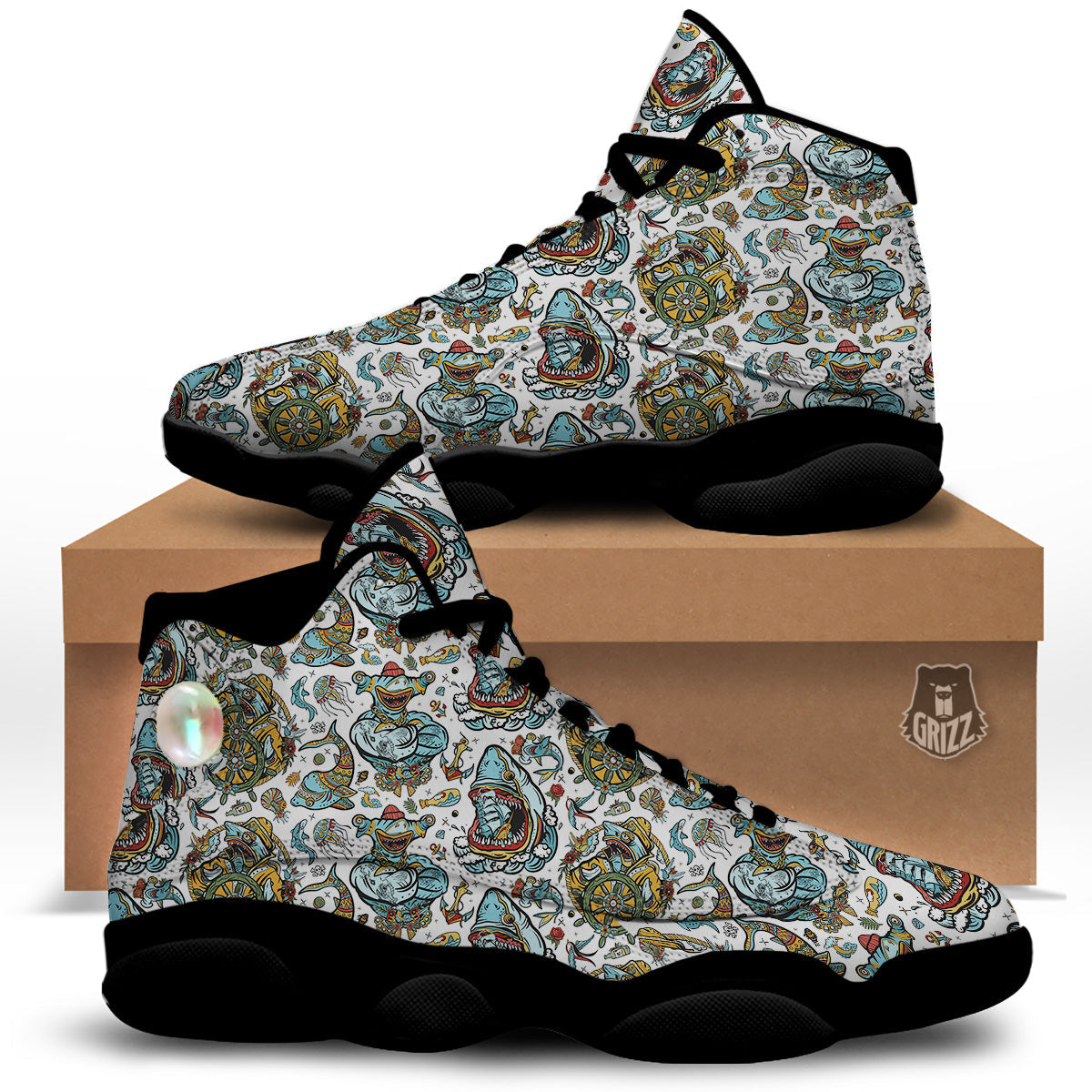 Sharks Underwater Tattoo Print Pattern Black Basketball Shoes