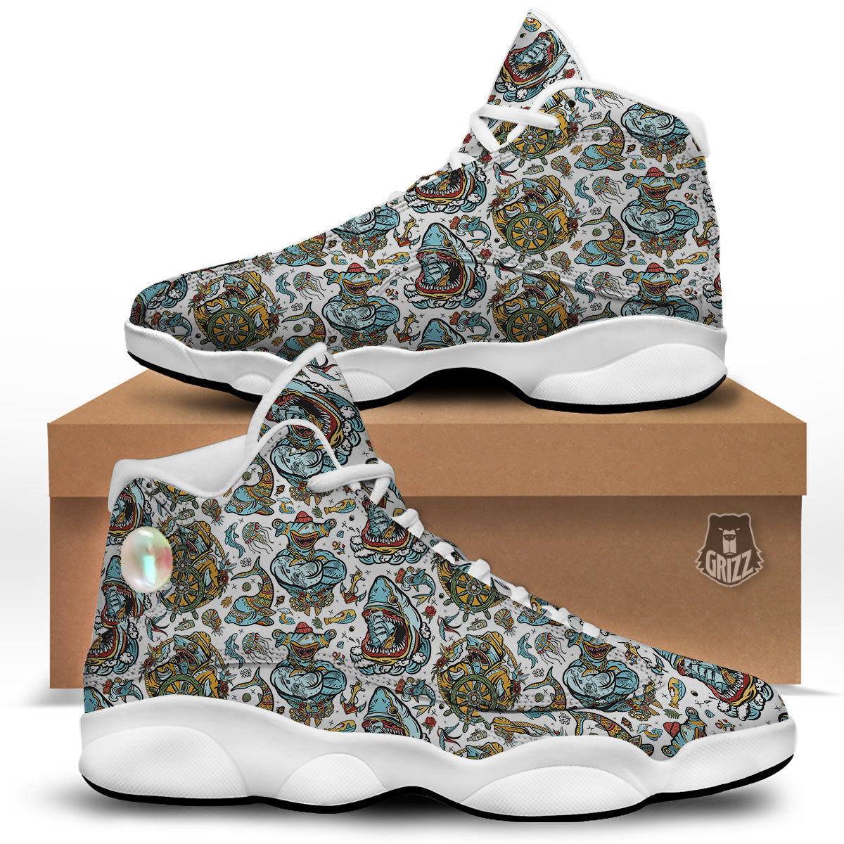 Sharks Underwater Tattoo Print Pattern White Basketball Shoes