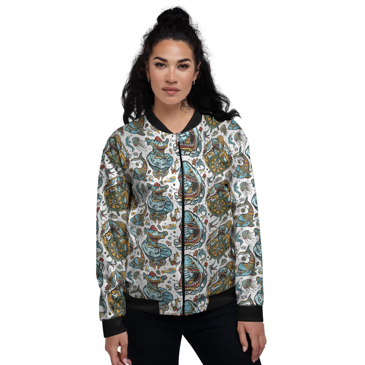 Sharks Underwater Tattoo Print Pattern Women's Bomber Jacket