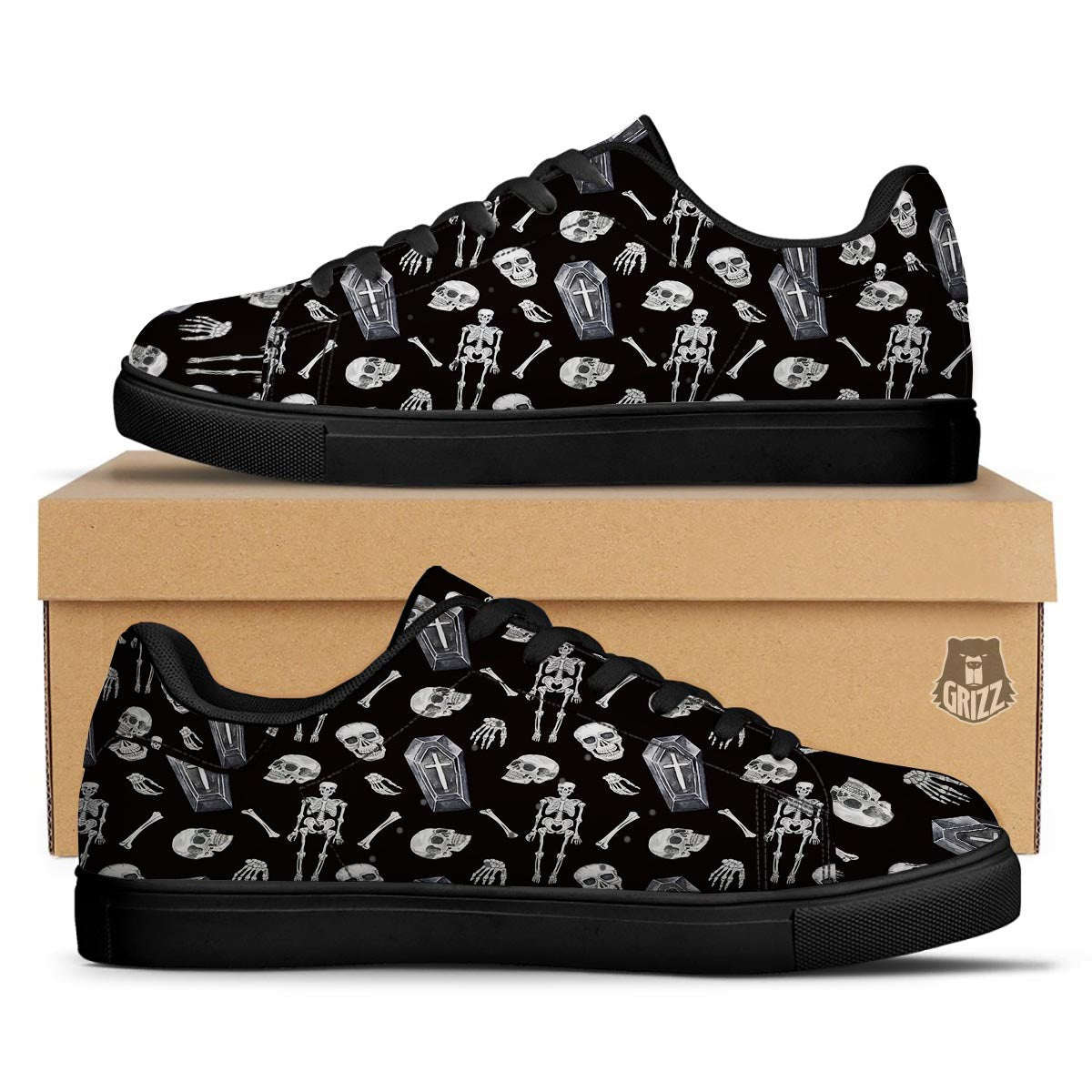 Skeleton And Tomb Print Pattern Black Low Top Sneakers