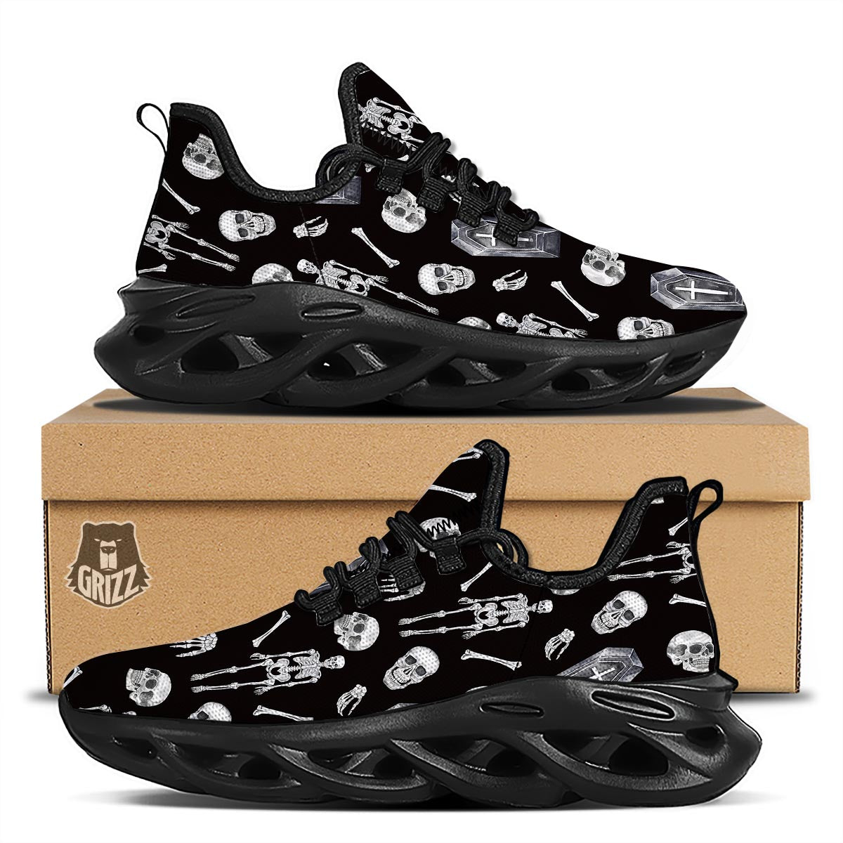 Skeleton And Tomb Print Pattern Black Running Shoes