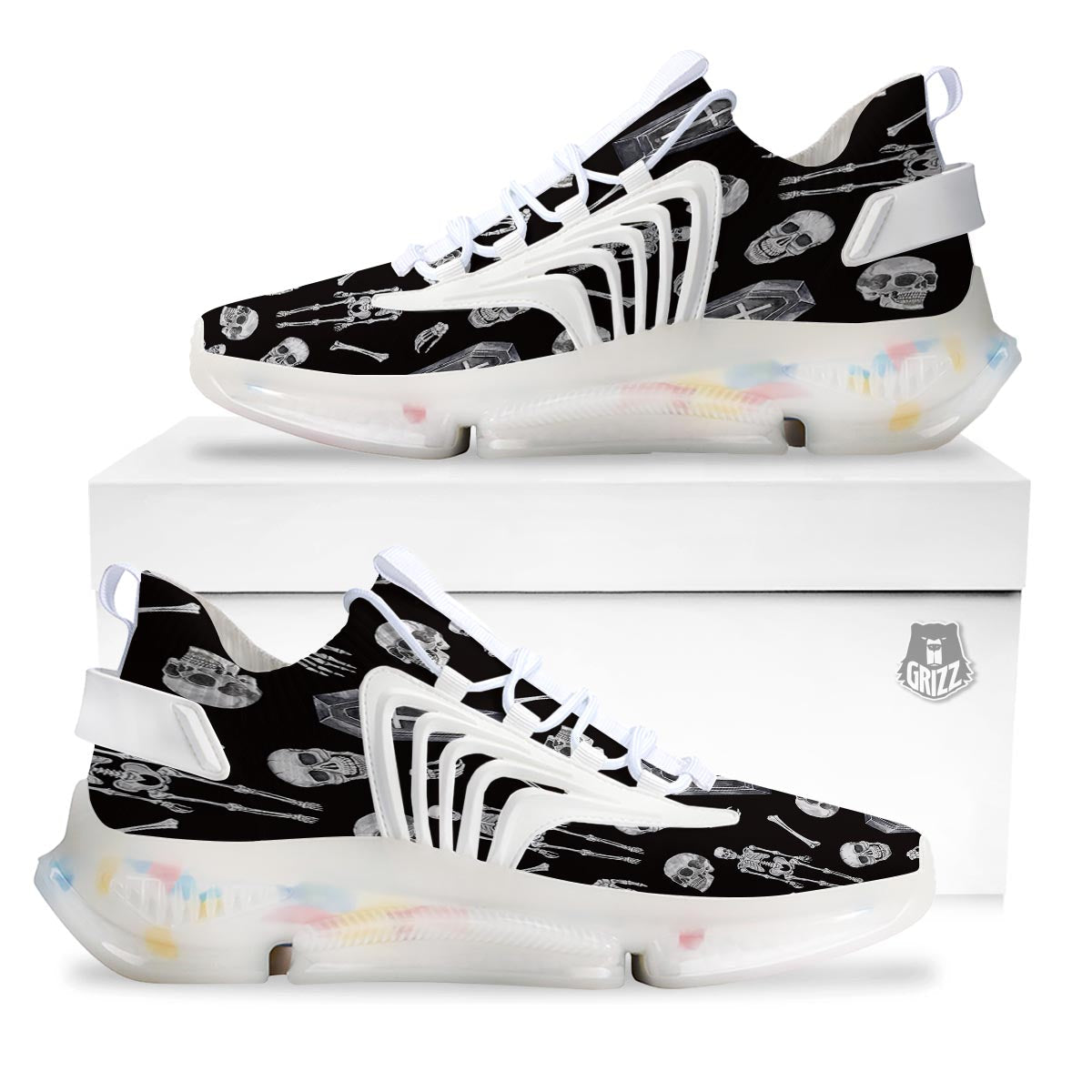Skeleton And Tomb Print Pattern White Gym Shoes